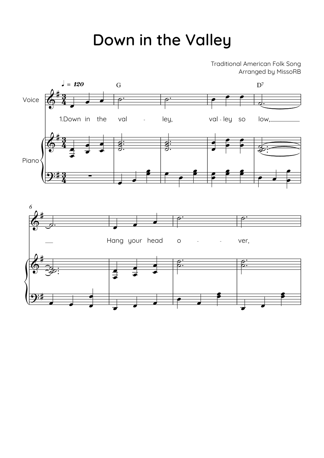 Down in the Valley - Voice With Piano in G With Chords & Lyrics - Easy ...