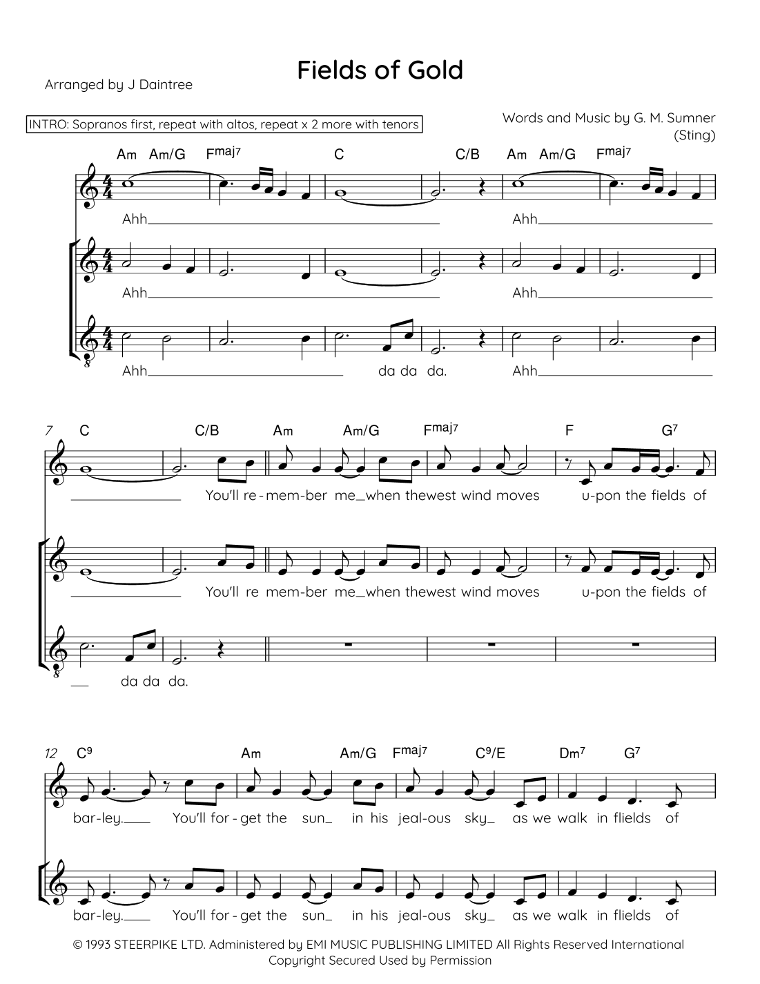 Fields Of Gold (arr. Julia Daintree) by Sting Sheet Music for SAT Choir at Sheet Music Direct