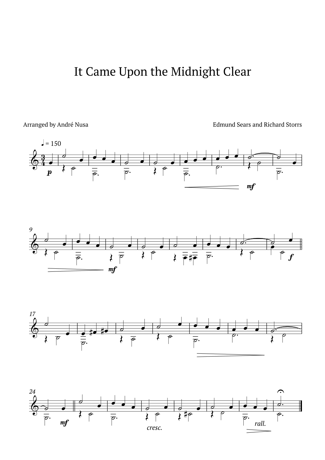 It Came Upon the Midnight Clear (arr. André Nusa) by Edmund Sears Sheet ...