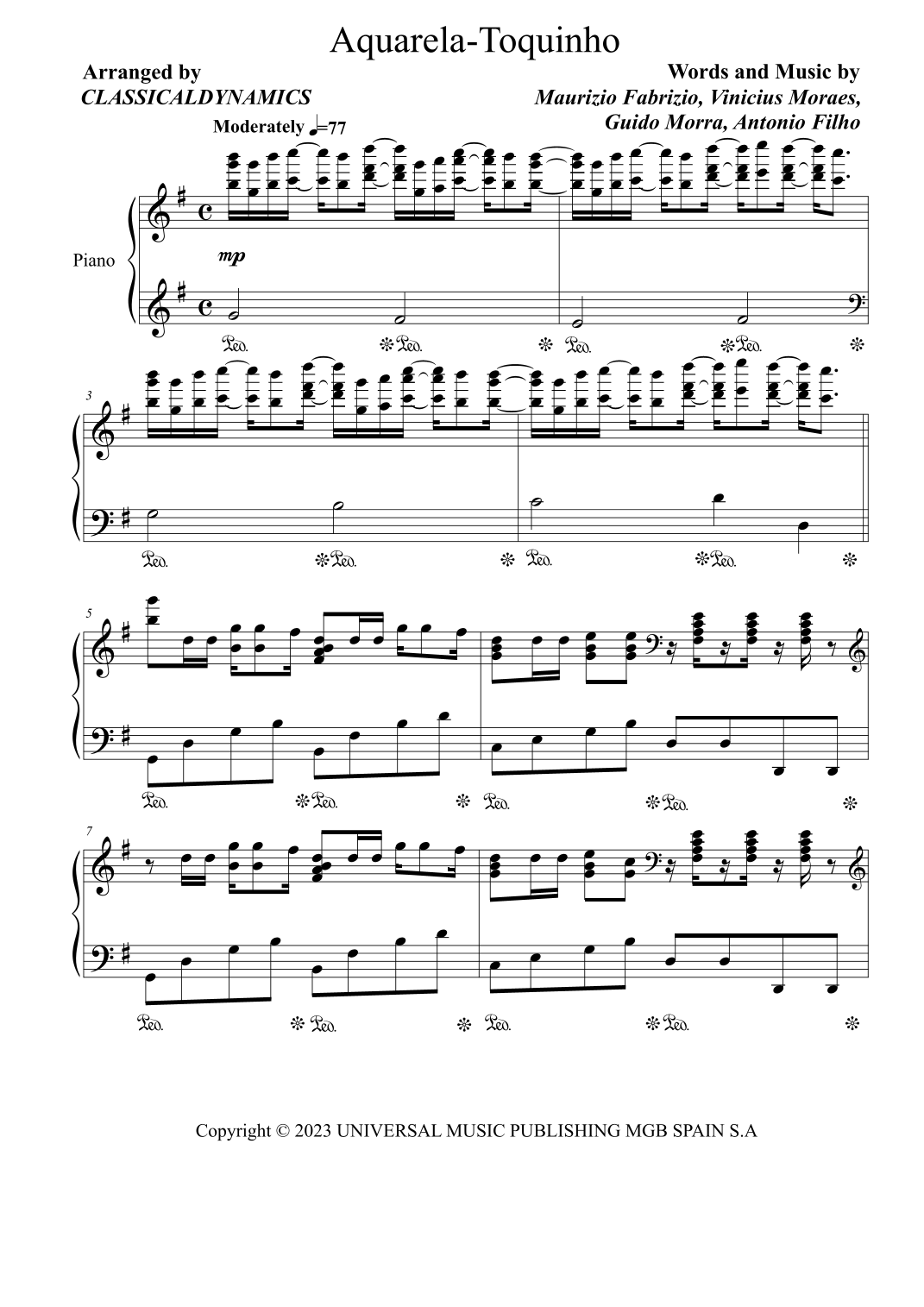 Aquarela-Toquinho (arr. ClassicalDynamics) by Guido Morra Sheet Music ...