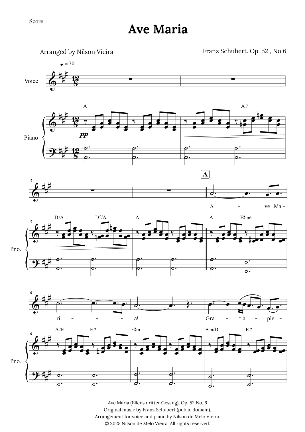 Ave Maria - Franz Schubert - Voice and Easy Piano (Key of A Major, with Chords) (arr. Nilson de ...