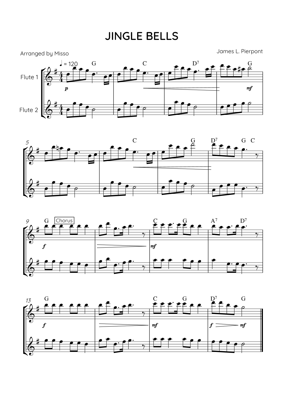 Jingle Bells - Flute Duet in G Major - Intermediate With Chords (arr. MissoRB) par James L ...