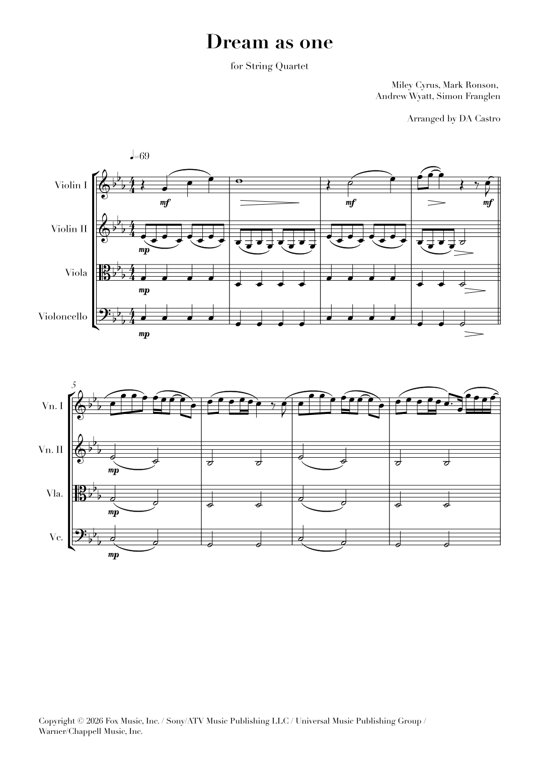 Dream As One (arr. DA Castro) by Miley Cyrus Sheet Music for String ...