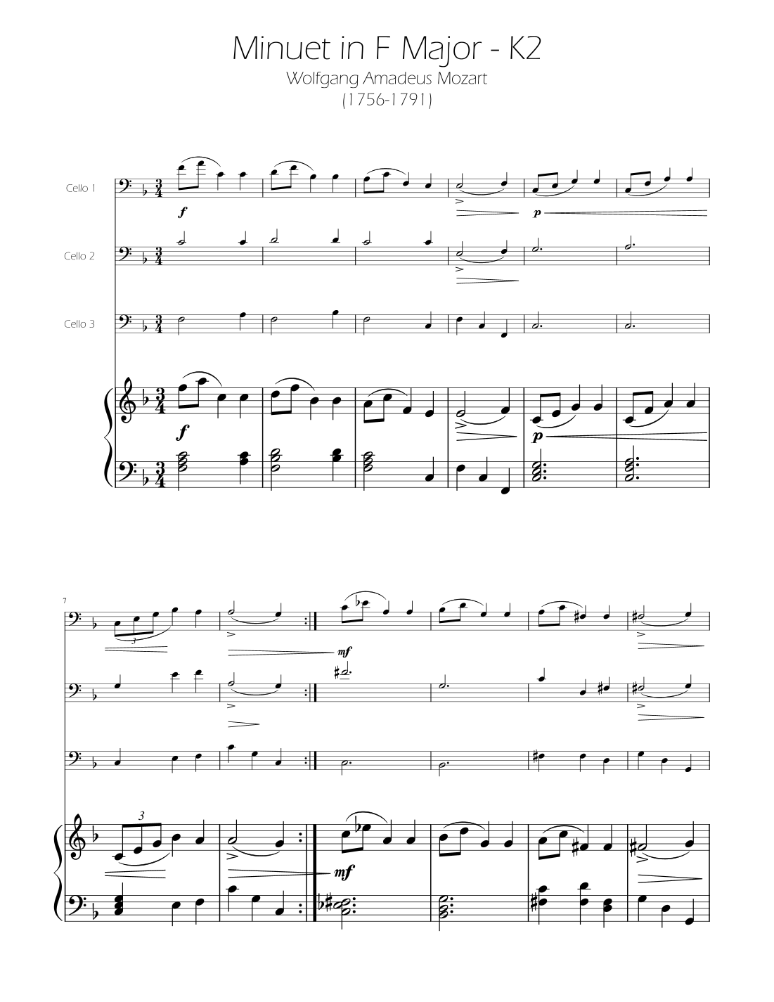 Mozart - Minuet in F Major K2 - Cello Trio (arr. Ygor Nunes) by Mozart ...