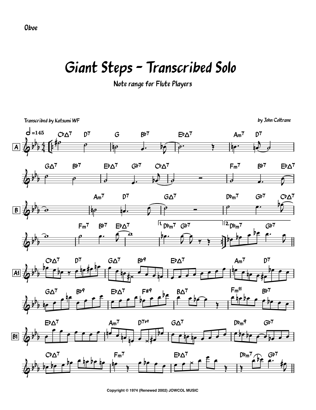 Giant Steps (arr. Katsumi WF) by John Coltrane Sheet Music for Oboe ...
