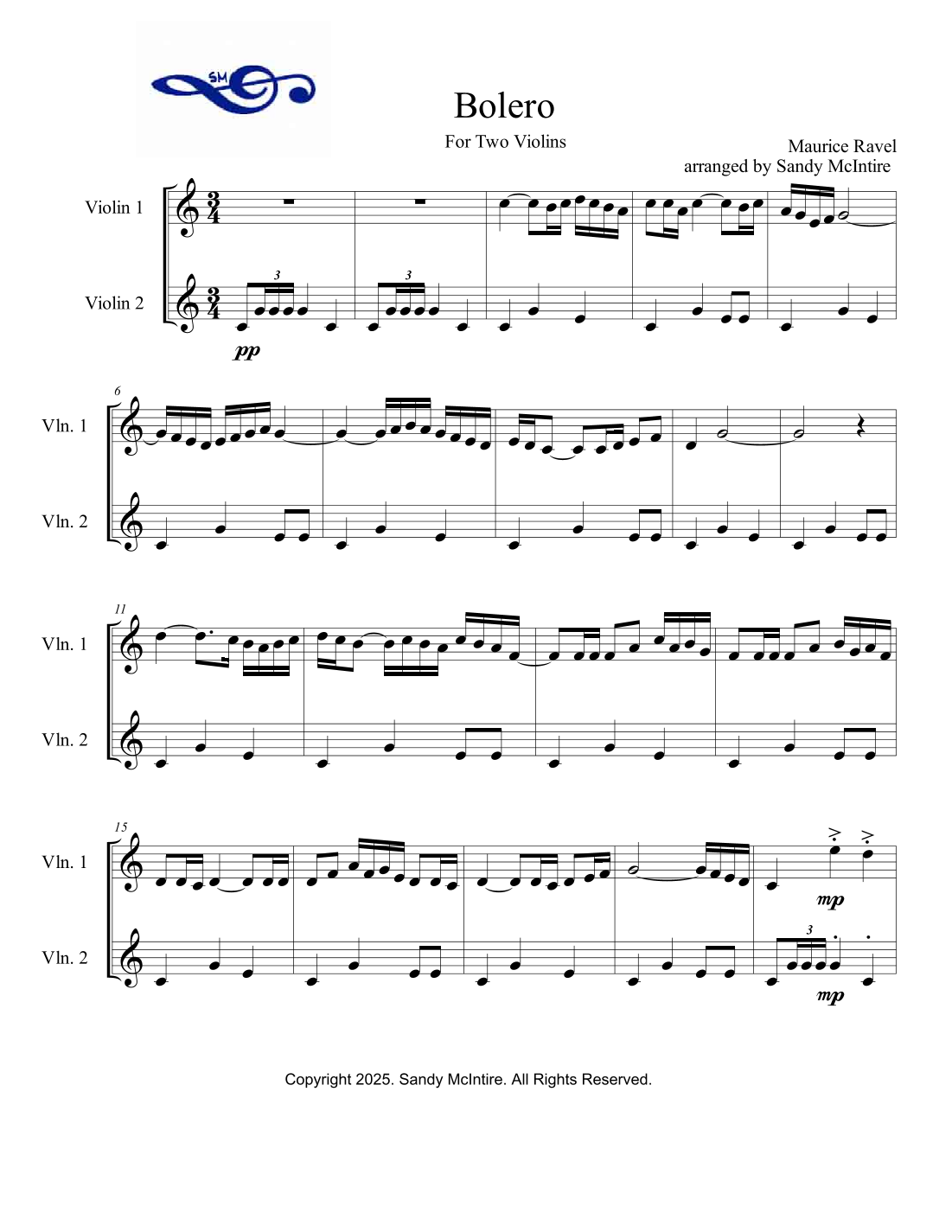 Bolero for Two Violins (arr. Sandy McIntire) by Maurice Ravel Sheet ...