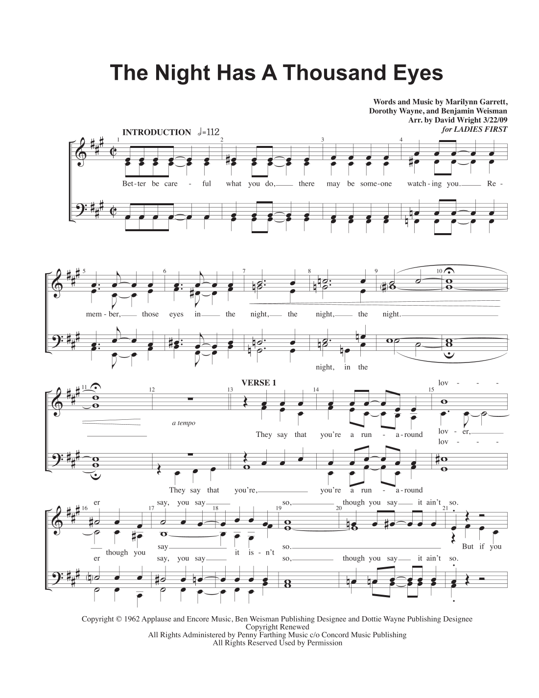 The Night Has A Thousand Eyes (arr. David Wright) by Bobby Vee Sheet ...