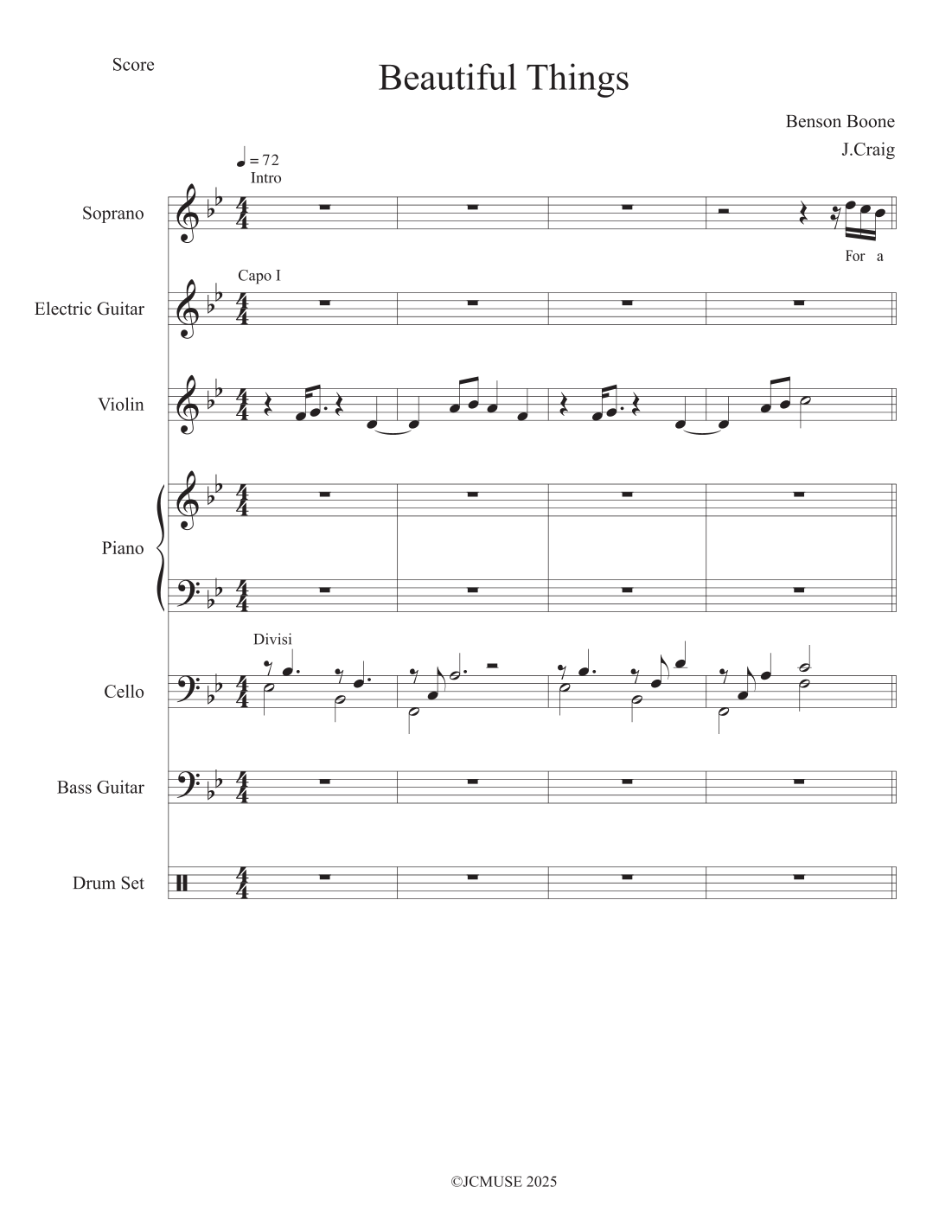 Beautiful Things (arr. Justin Craig) by Benson Boone Sheet Music for ...