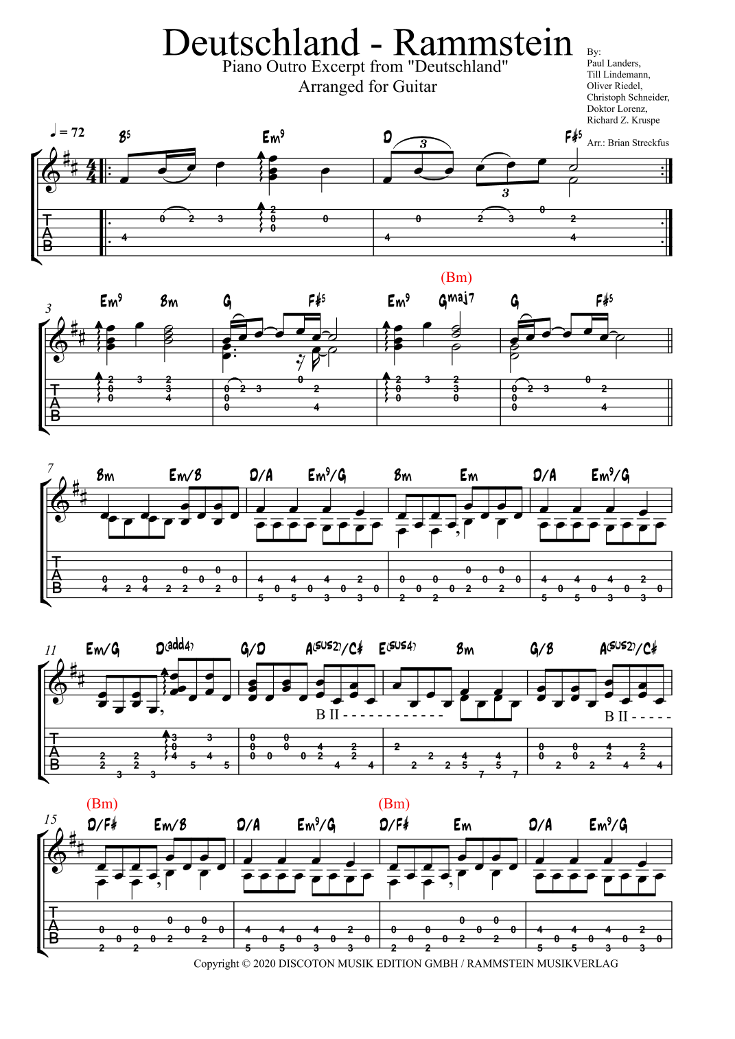 Deutschland,d-Land Uber Alles (arr. Brian Streckfus) by Rammstein Sheet Music for Easy Guitar ...