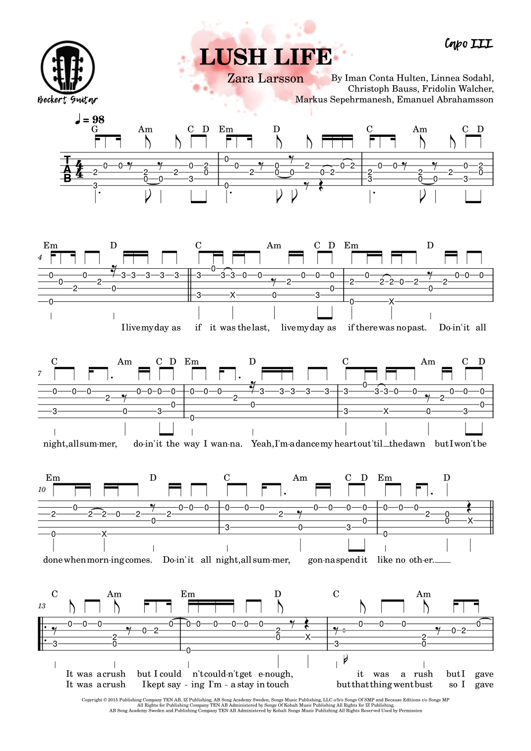 Lush Life (arr. Beckert Guitar by Zara Larsson Sheet Music for Solo ...