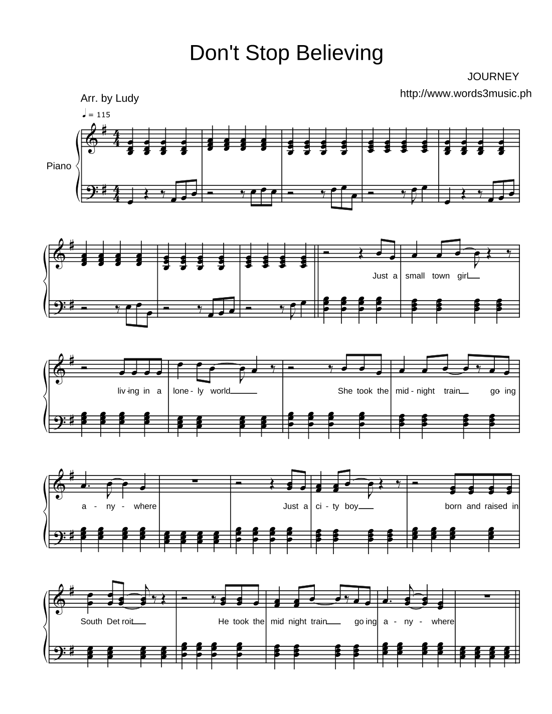 Don't Stop Believin' (arr. Unknown) by Journey Sheet Music for Easy ...