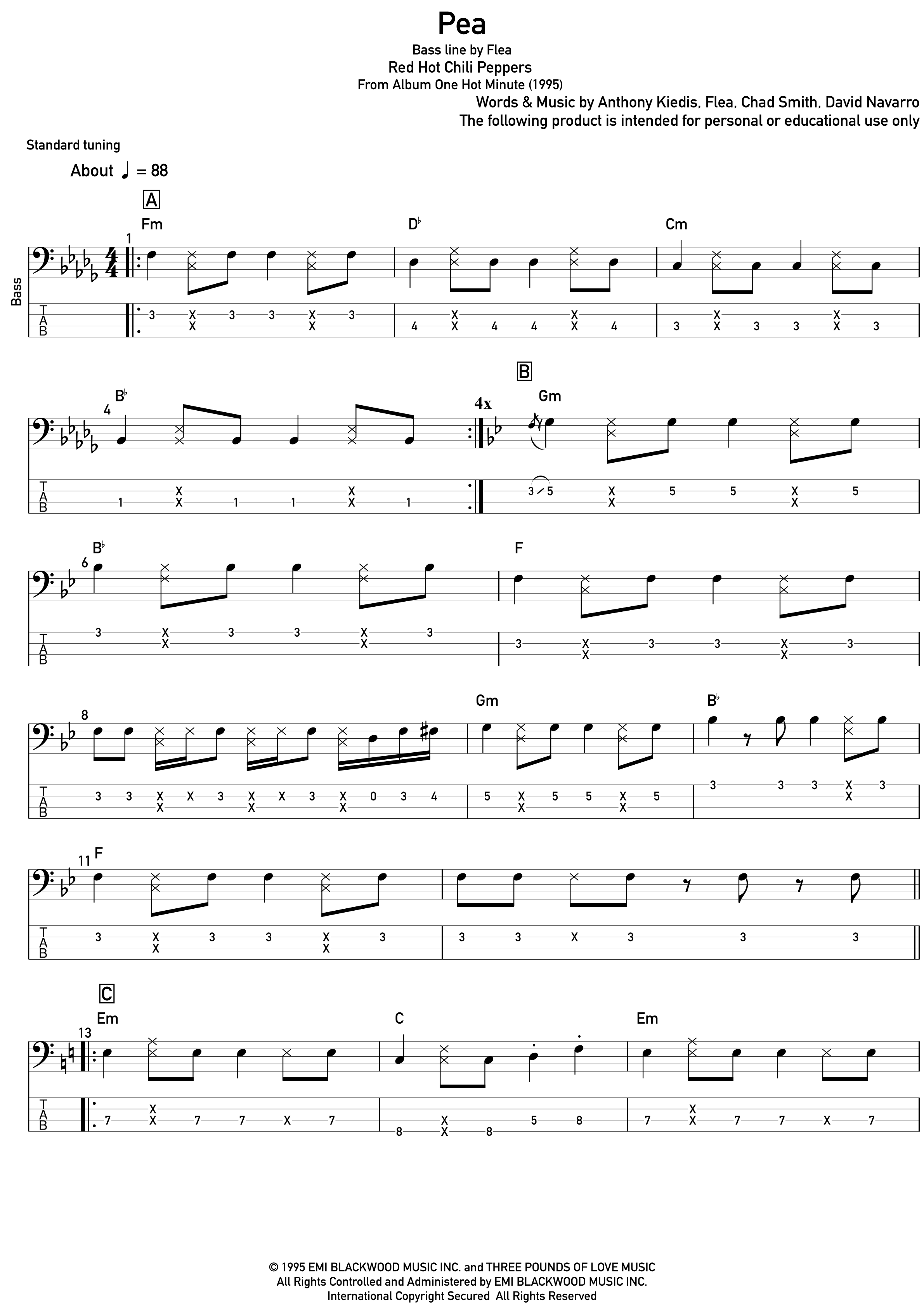 Pea (arr. Igor Sardi Bass) Sheet Music | Red Hot Chili Peppers | Bass ...