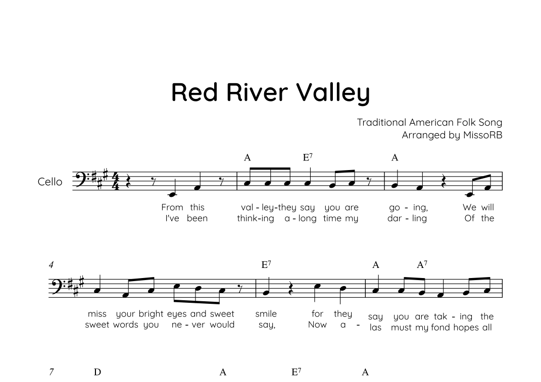 Red River Valley - Cello in A With Chords & Lyric - Easy (arr. MissoRB ...