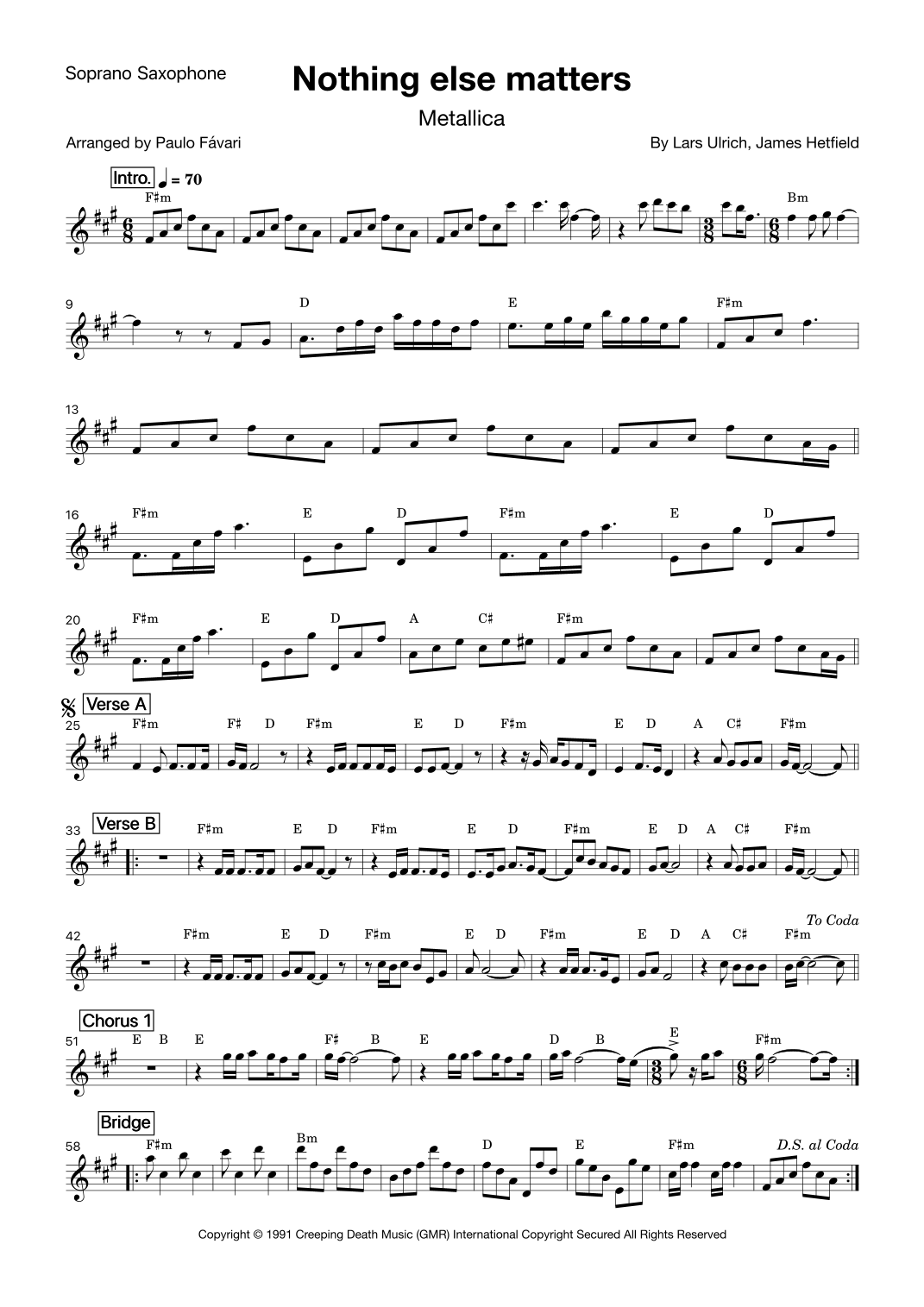 Nothing Else Matters (arr. Paulo Fávari) by Metallica Sheet Music for Soprano Sax Solo at Sheet ...