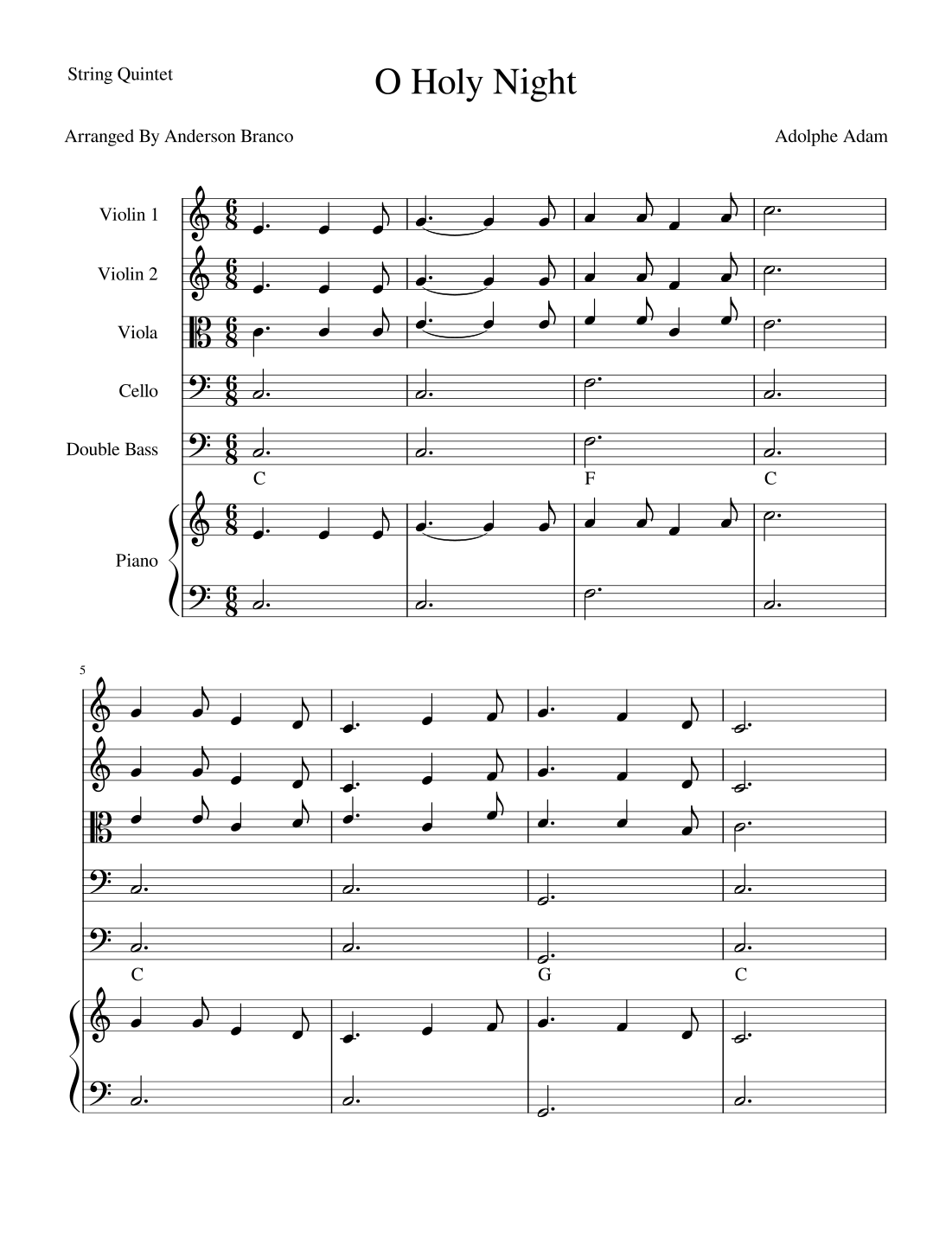 O Holy Night (Easy String Quintet w/Piano & Chord Symbols) (arr ...