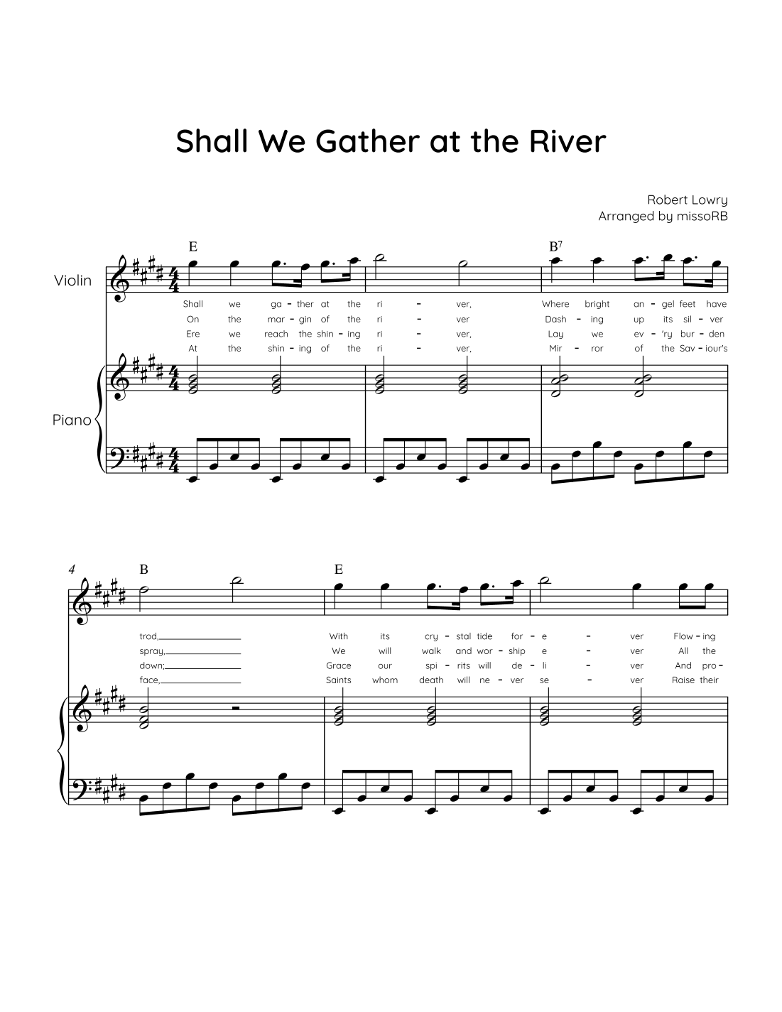 Shall We Gather at the River - Violin & Piano in E With Chords & Lyric ...