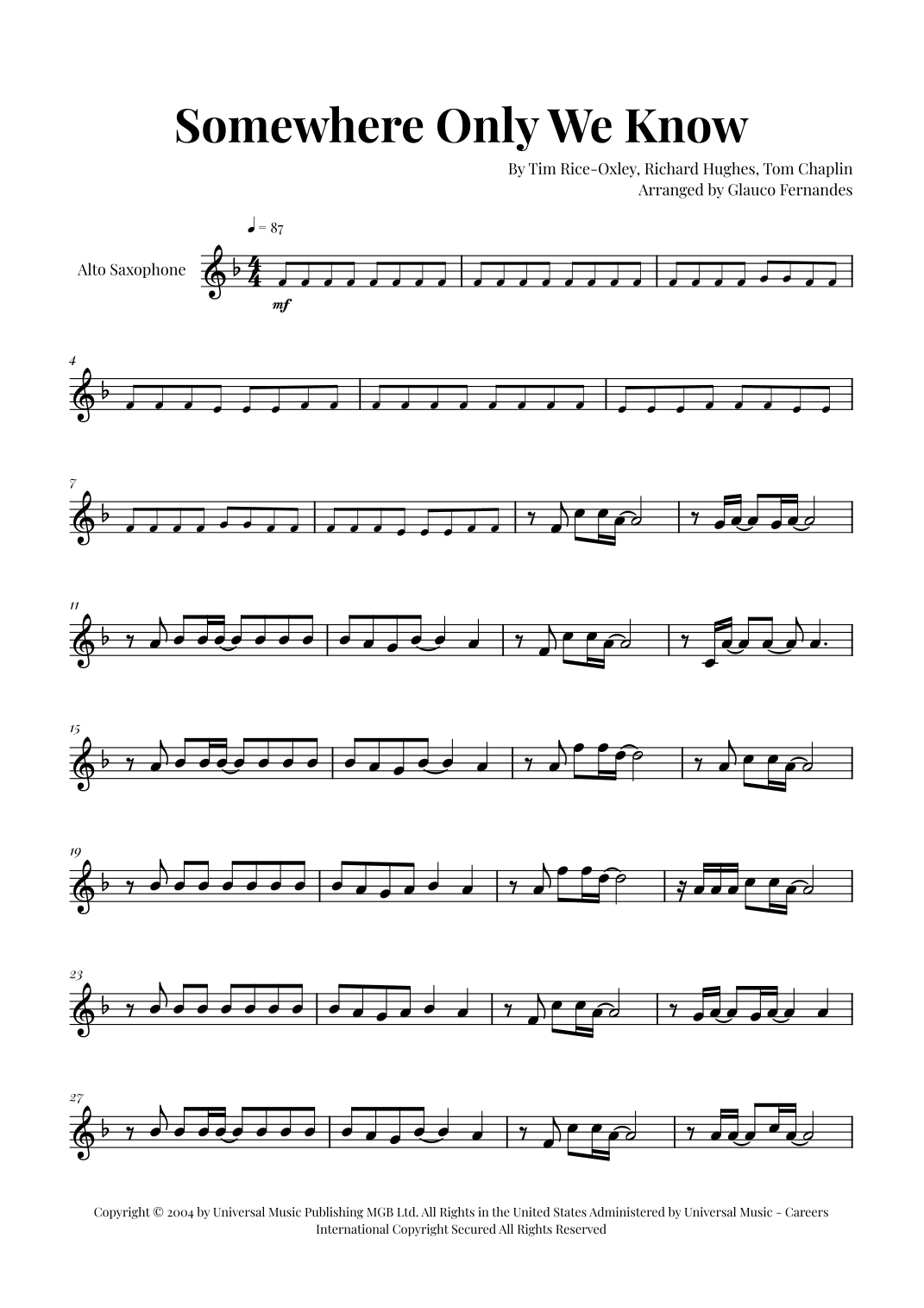 Somewhere Only We Know (arr. Glauco Fernandes) par Keane Partitions ...