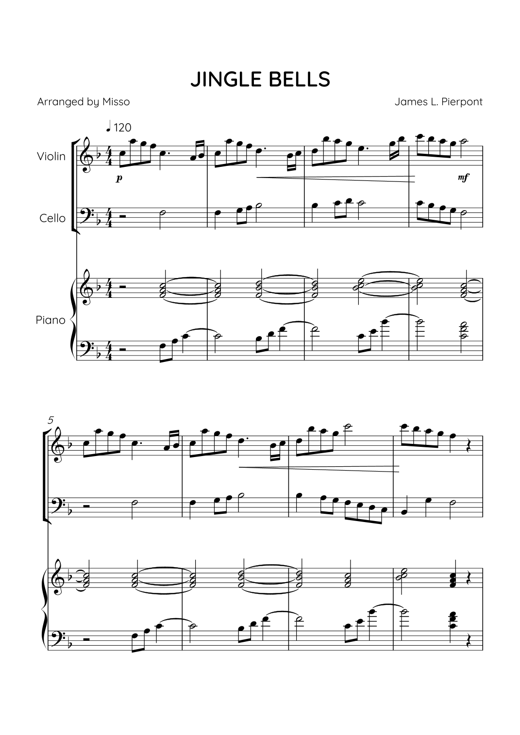 Jingle Bells - Violin, Cello & Piano in F Major (Intermediate With ...