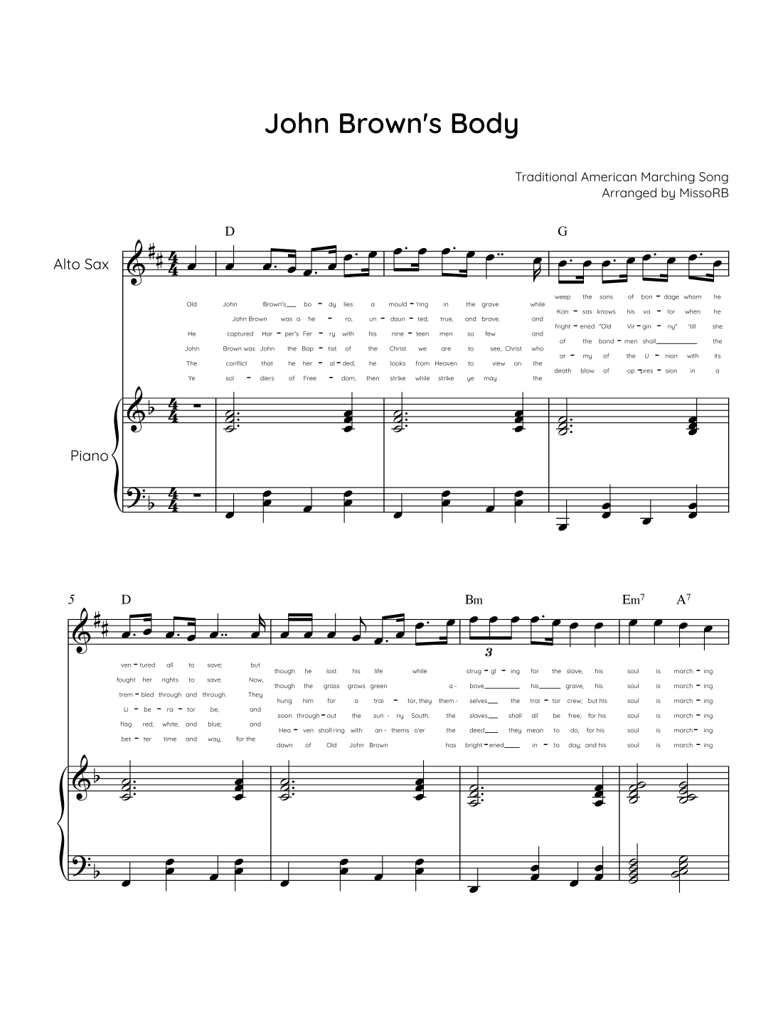 John Brown's Body - Alto Sax & Piano in F With Chords & Lyric (arr ...