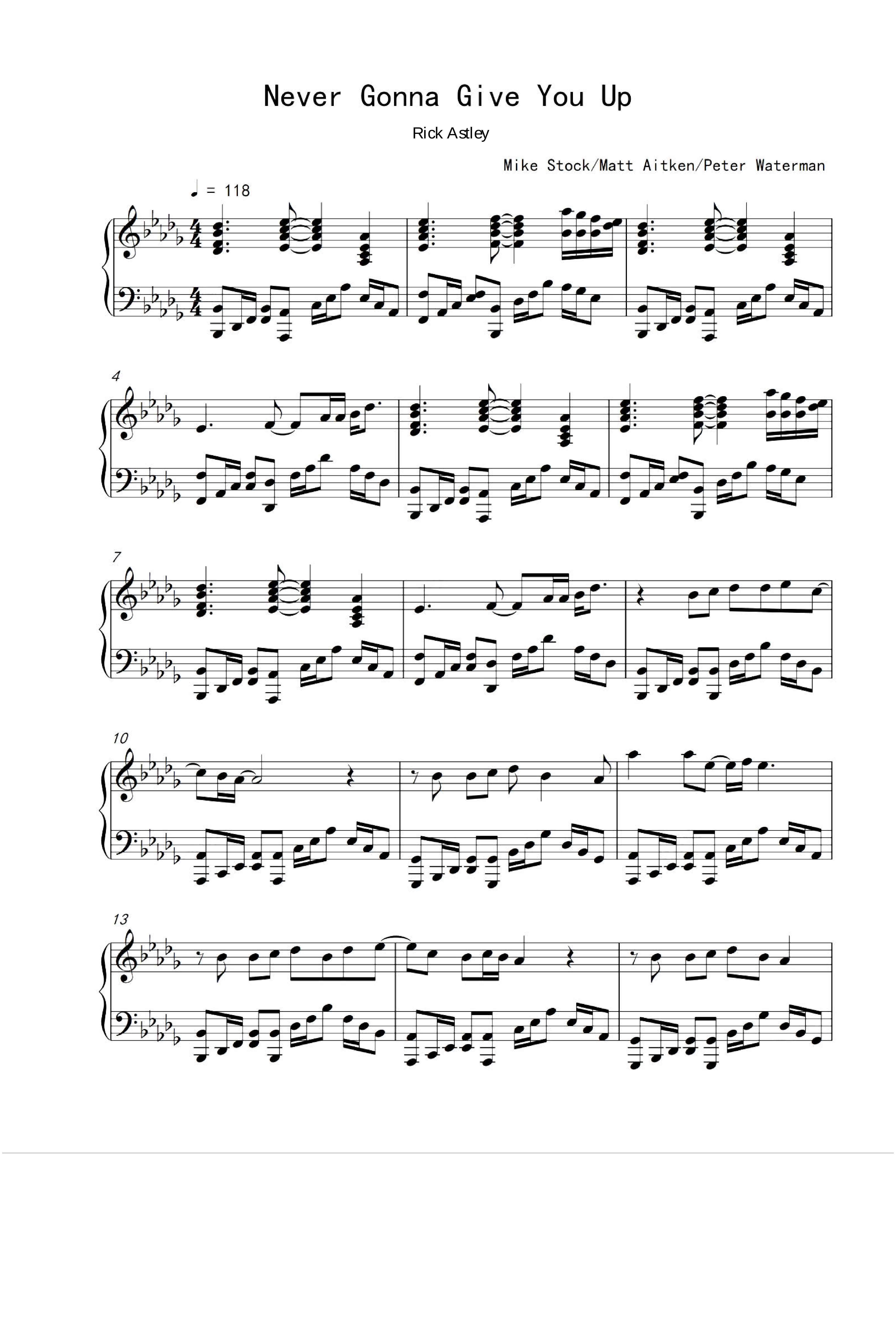 Never Gonna Give You Up (arr. Rick Astley) by Rick Astley Sheet Music ...