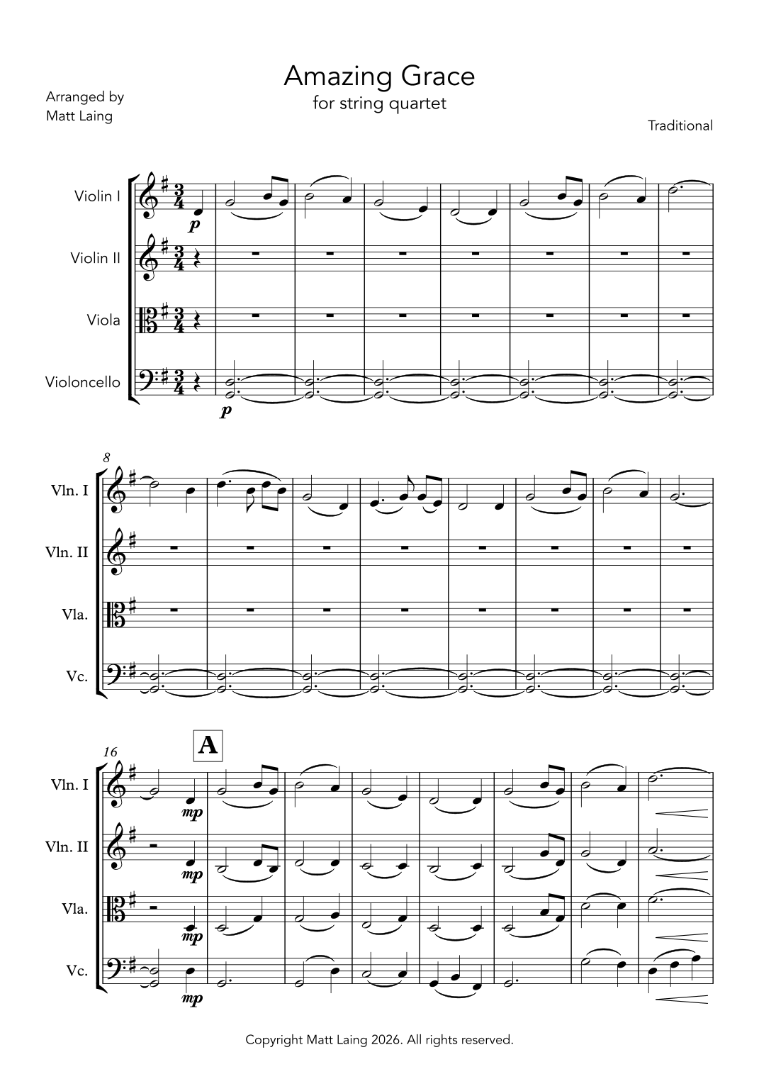 Amazing Grace (arr. Matt Laing) by Traditional Sheet Music for String ...