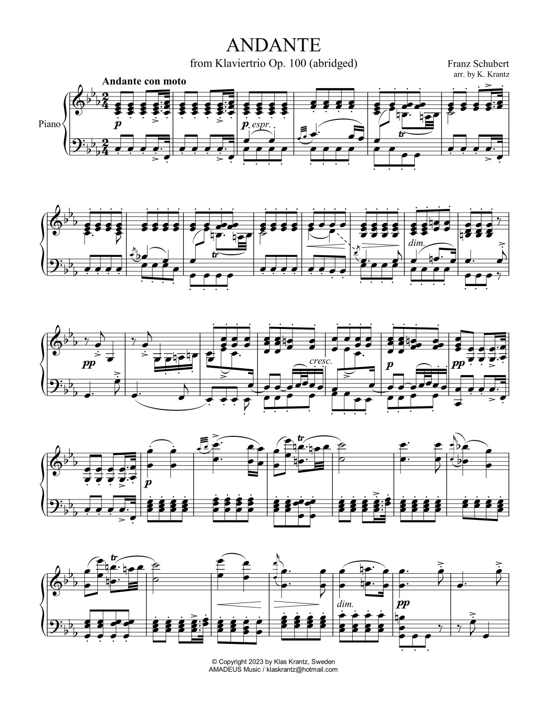 Andante, piano trio/klaviertrio Op. 100 for piano solo (abridged) (arr ...