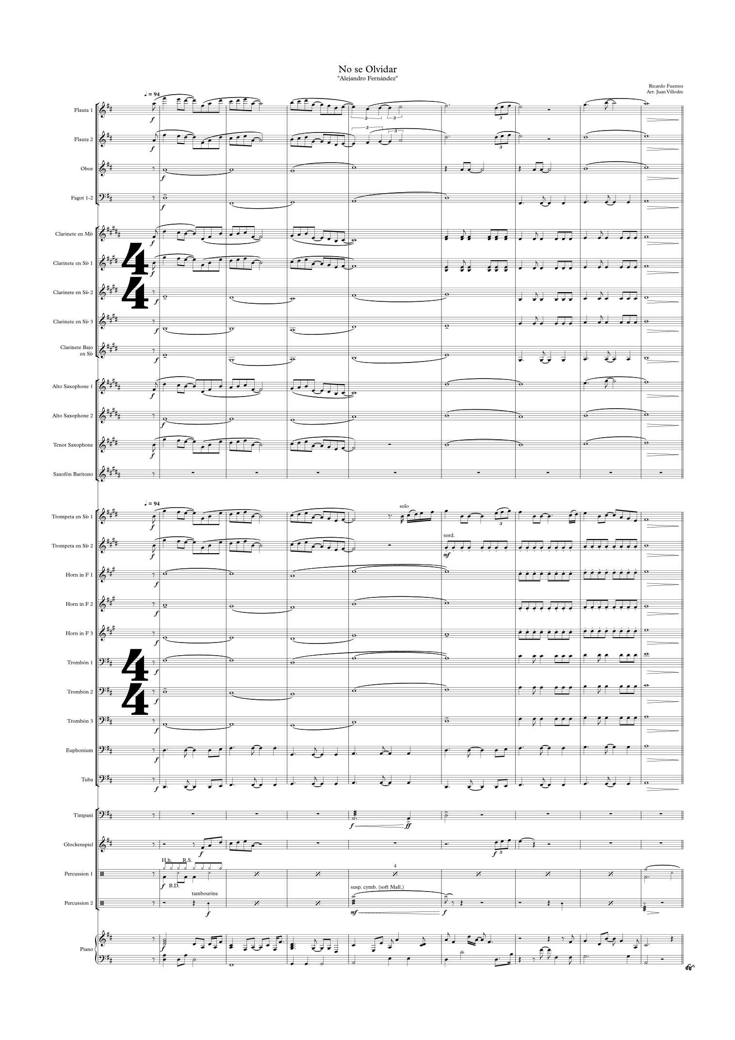 No Se Olvidar (arr. Juan Villodre) by Alejandro Fernandez Sheet Music ...