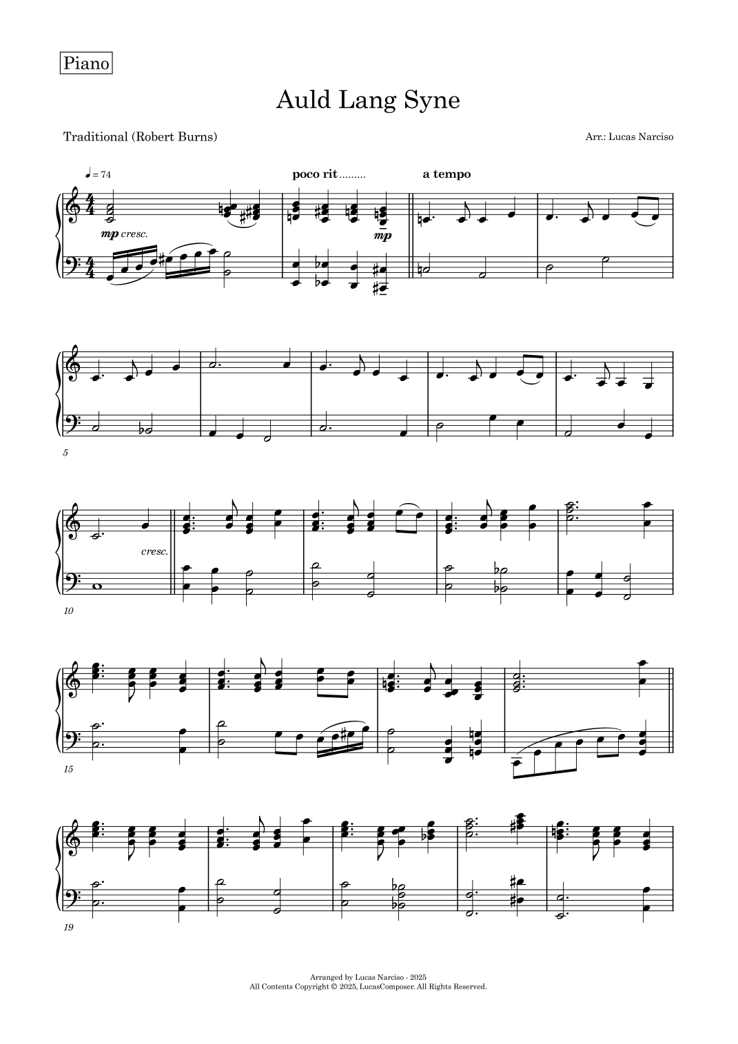Auld Lang Syne (arr. Lucas Narciso) by Robert Burns) Sheet Music for ...