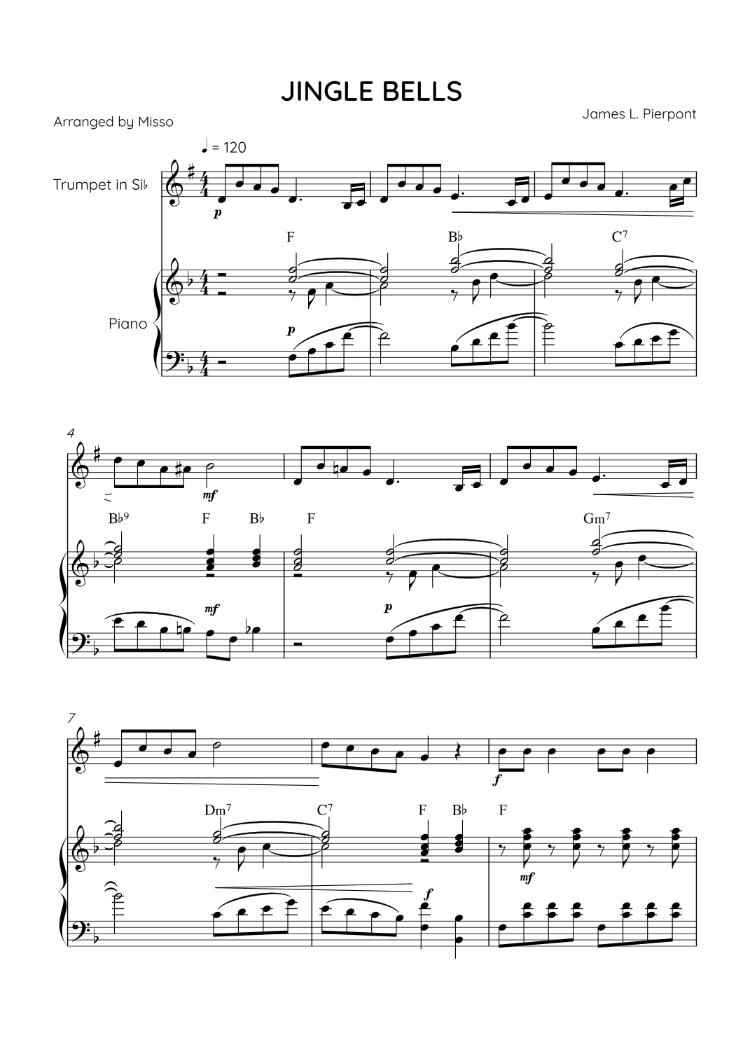 Jingle Bells - Trumpet & Piano in F Major (Intermediate With Chords ...