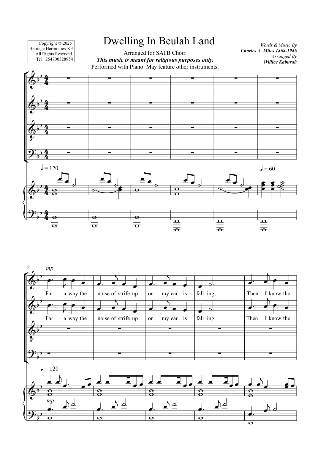 Dwelling In Beulah Land (arr. Willice Kaburah) by Charles A. Miles 1868 ...