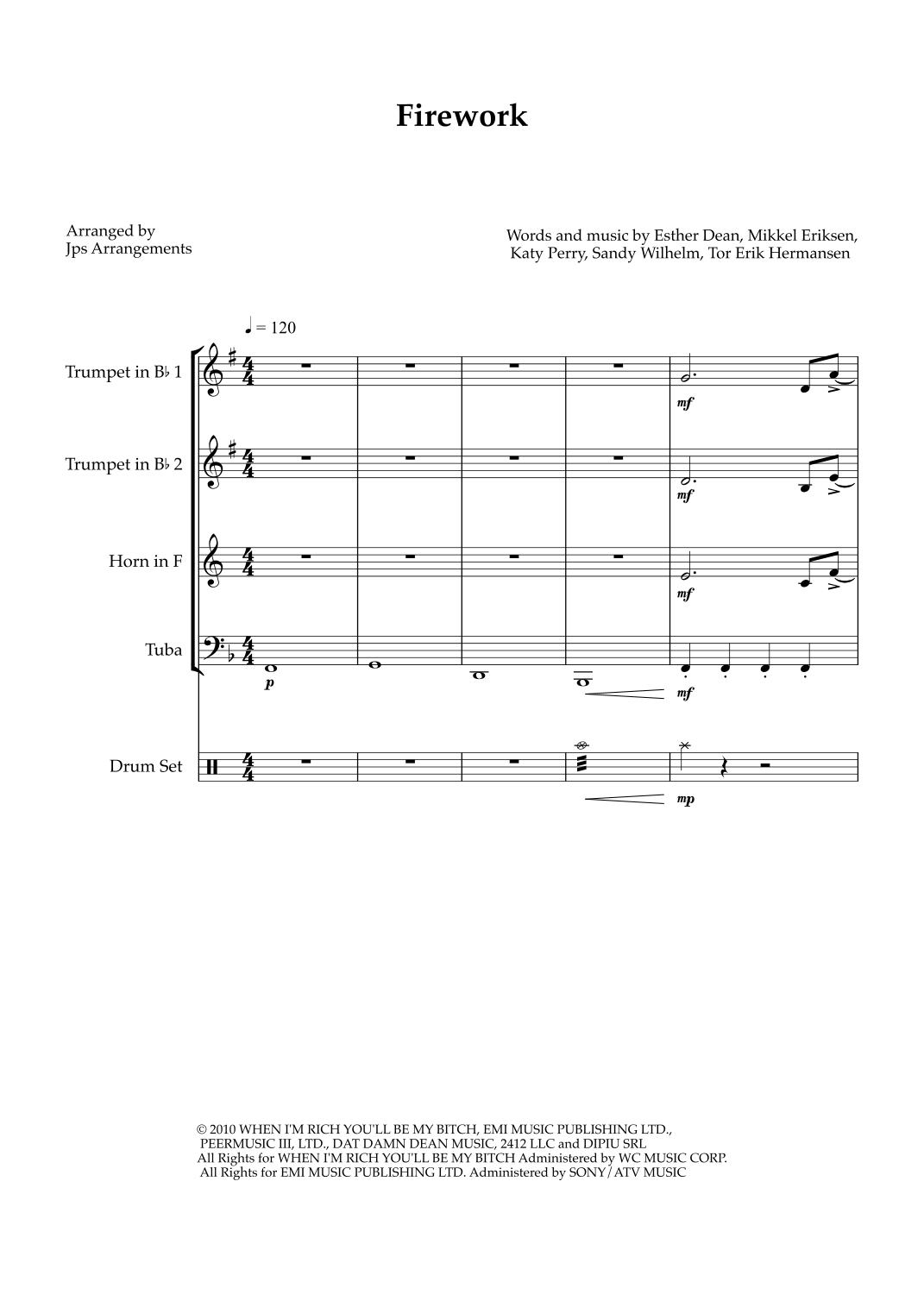 Firework (arr. Jps Arrangements) by Katy Perry Sheet Music for Brass ...