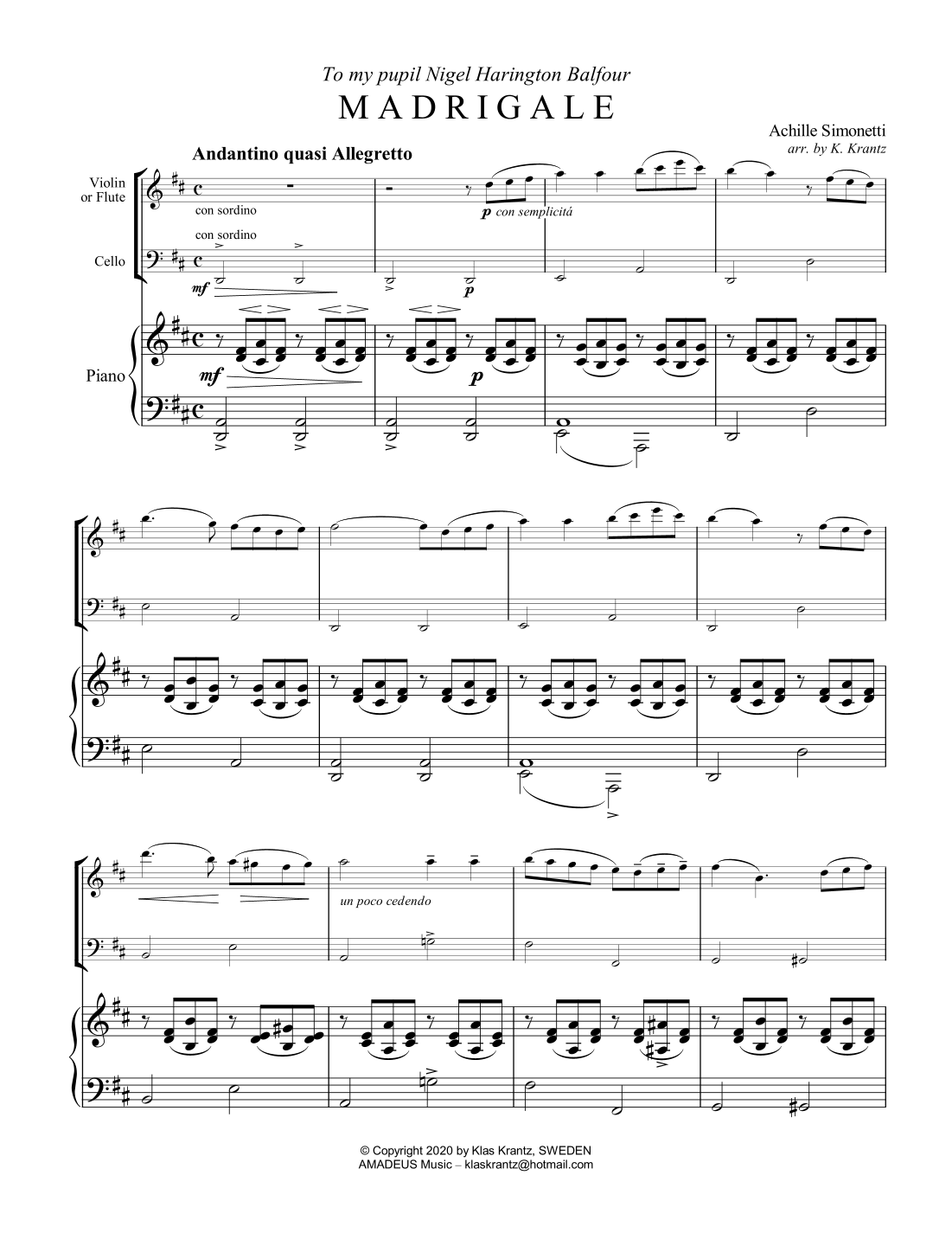 Madrigale for easy piano trio (arr. K. Krantz by A. Simonetti Sheet ...