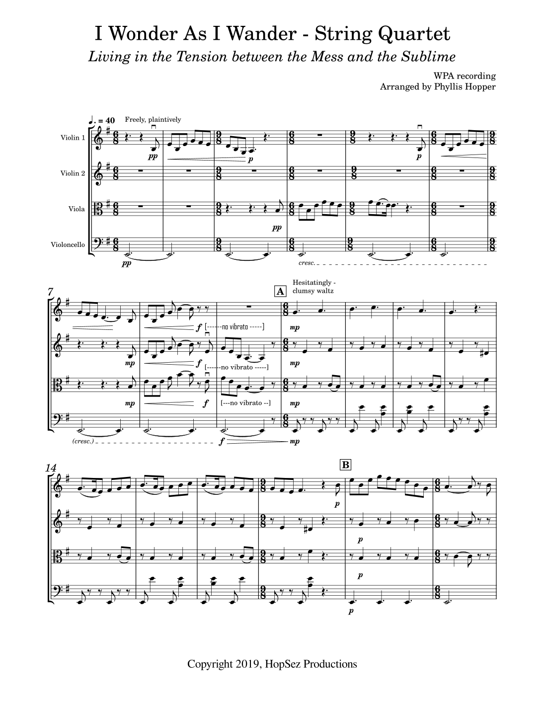 I Wonder as I Wander - String Quartet (arr. Arranged by Phyllis Hopper ...