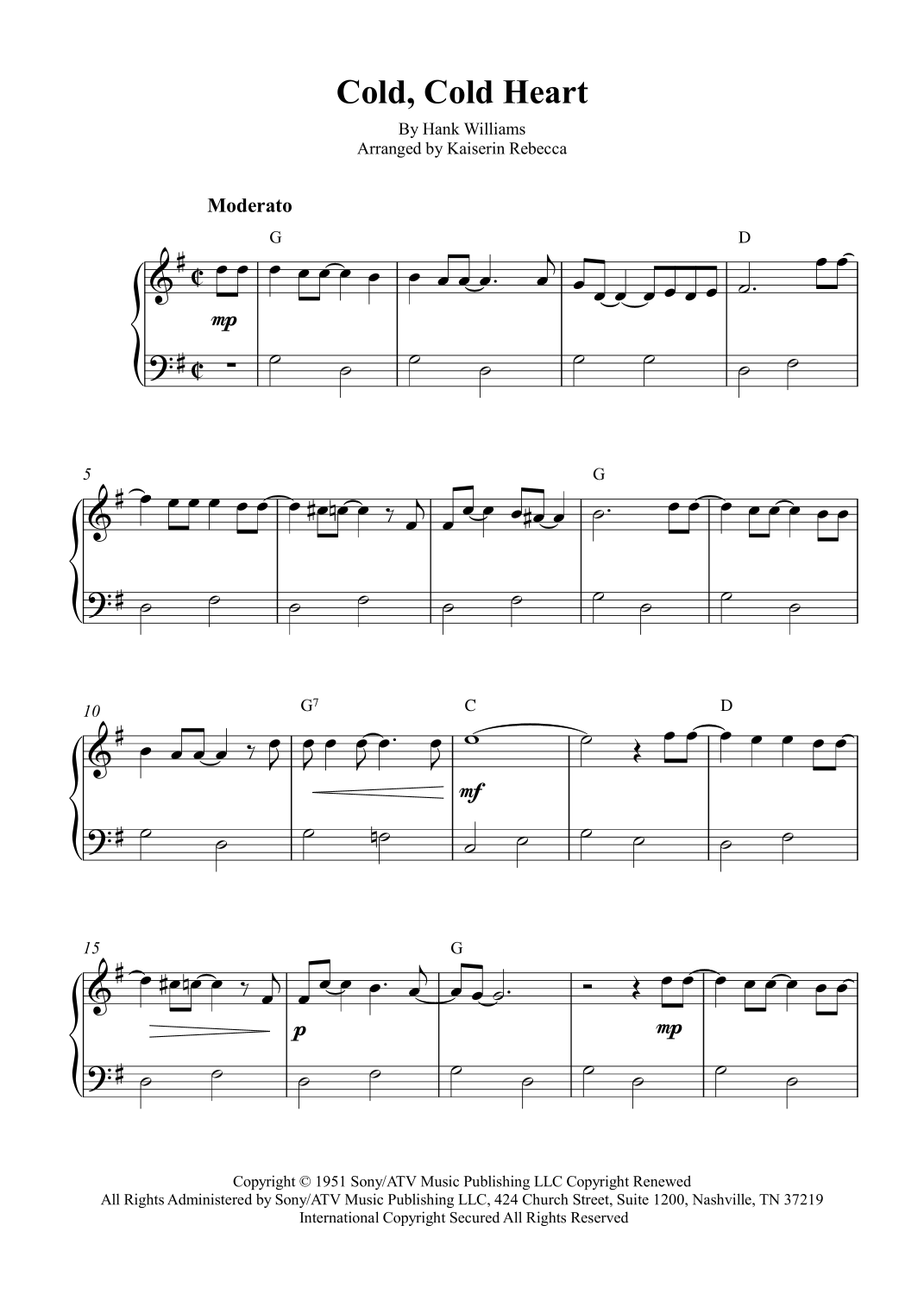 Cold, Cold Heart (arr. Kaiserin Rebecca) par Hank Williams Partitions ...