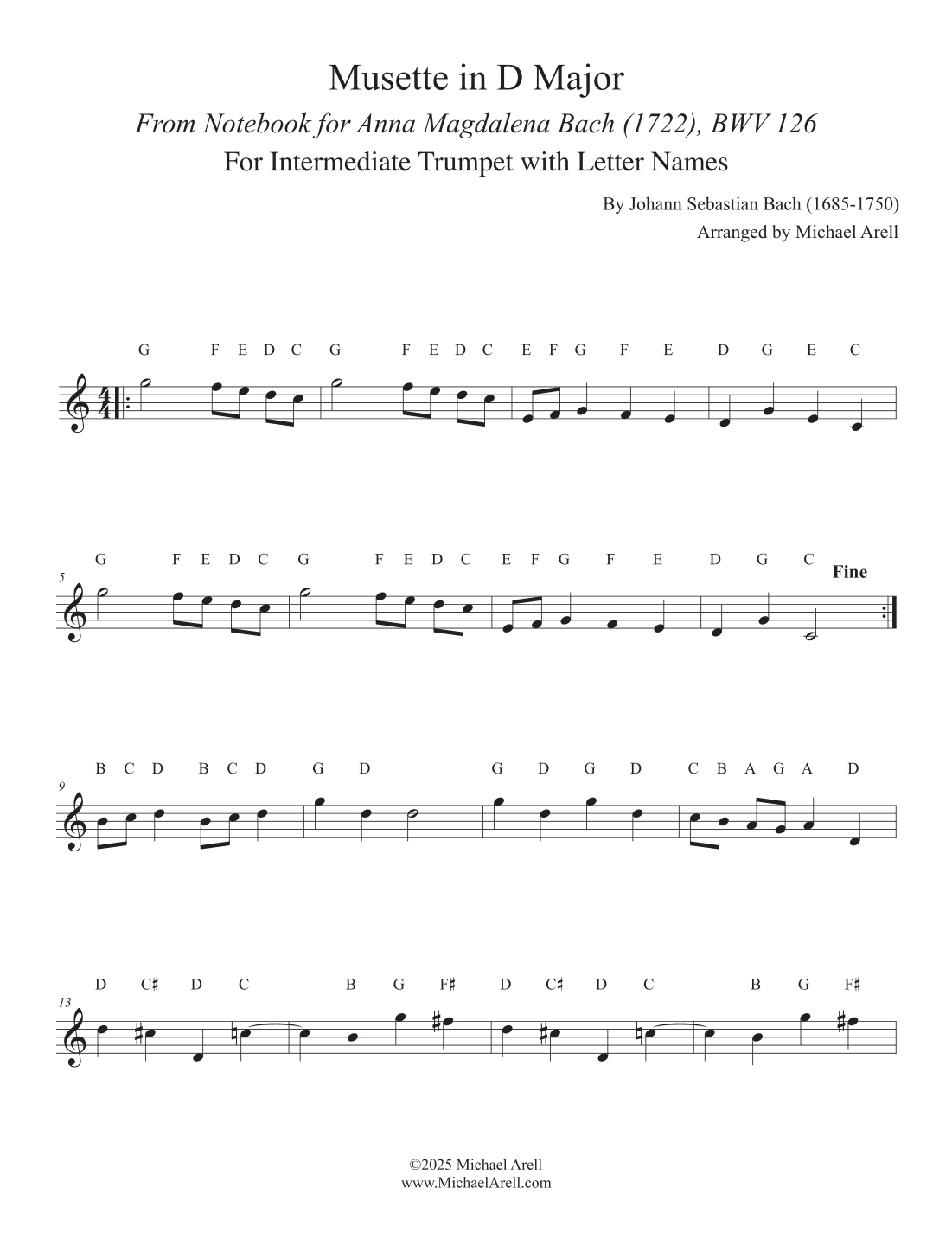 Bach Musette in D Major for Trumpet (arr. Michael Arell) by Johann ...
