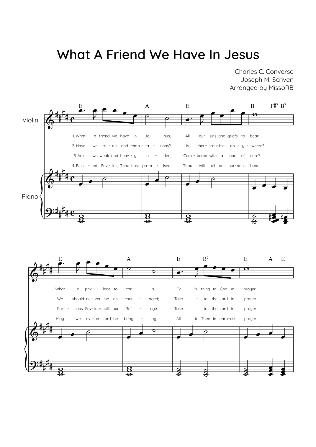 What a Friend We have in Jesus - Violin & Piano in E With Chords ...