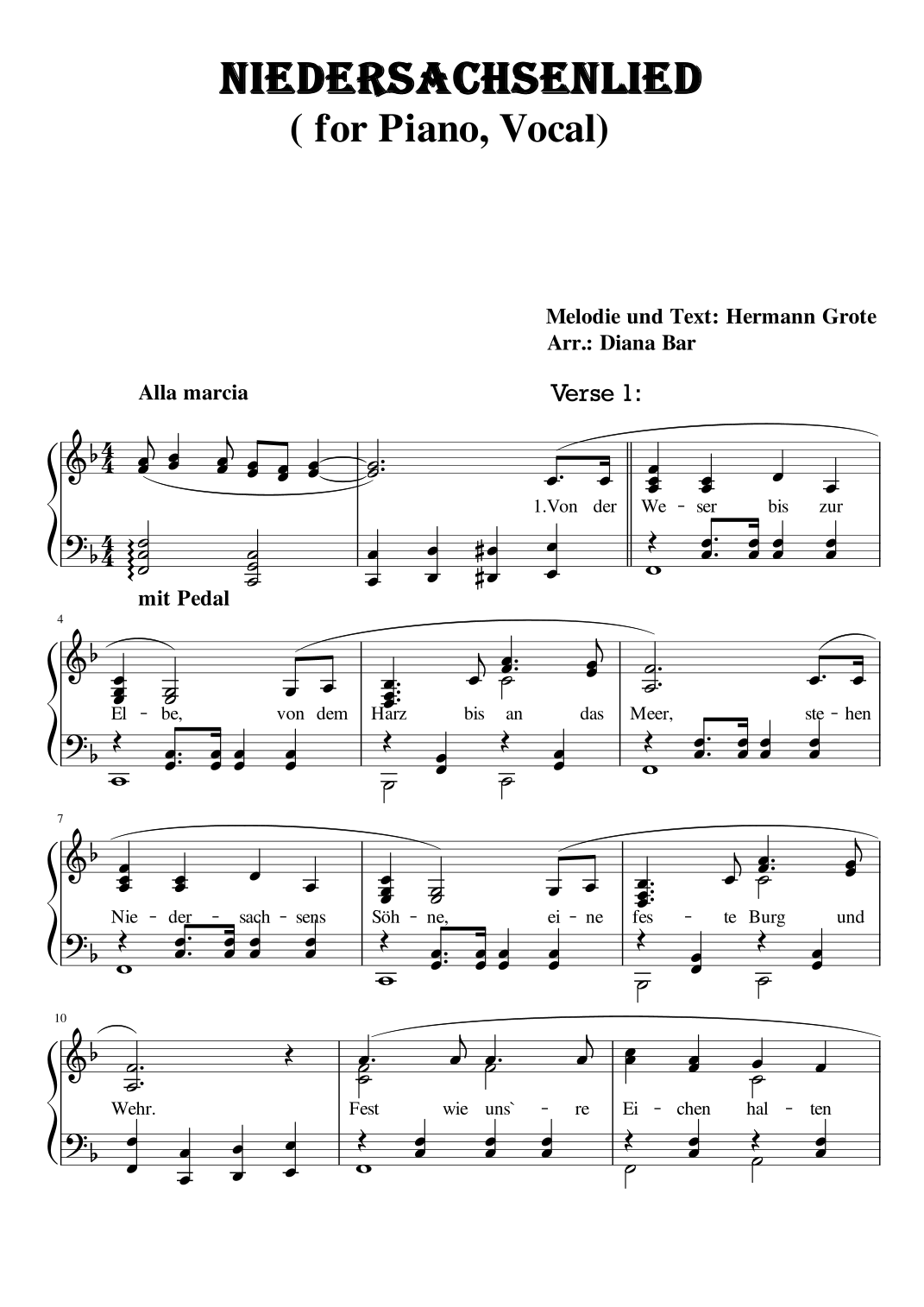 Niedersachsenlied (arr. Diana Bar) von Hermann Grote Noten zum Klavier ...