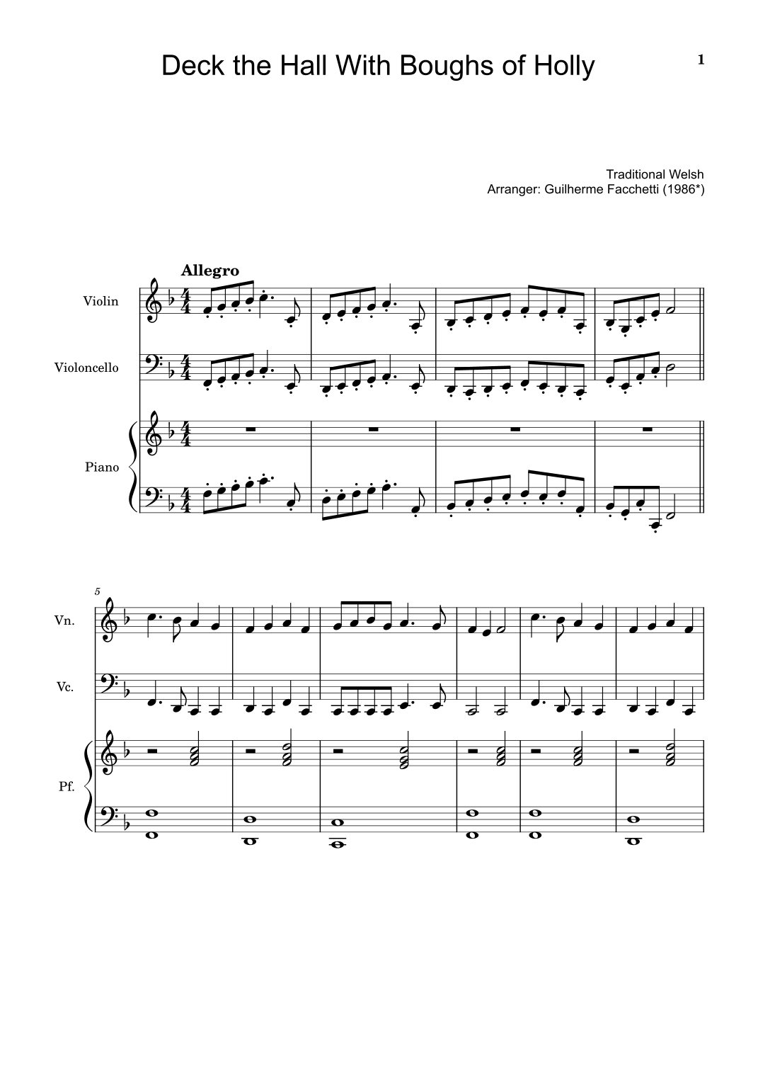 Deck the Hall - Violin, Cello & Piano (With Parts) (arr. Guilherme ...
