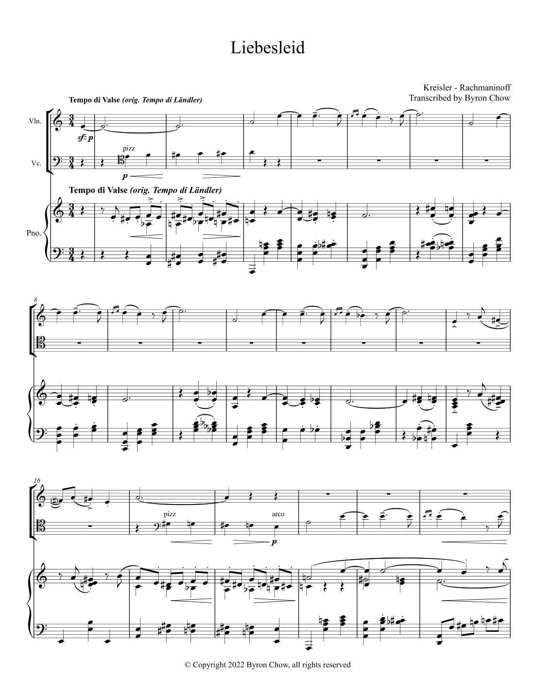 Liebesleid, arranged for piano trio (arr. Byron Chow) by Fritz Kreisler ...
