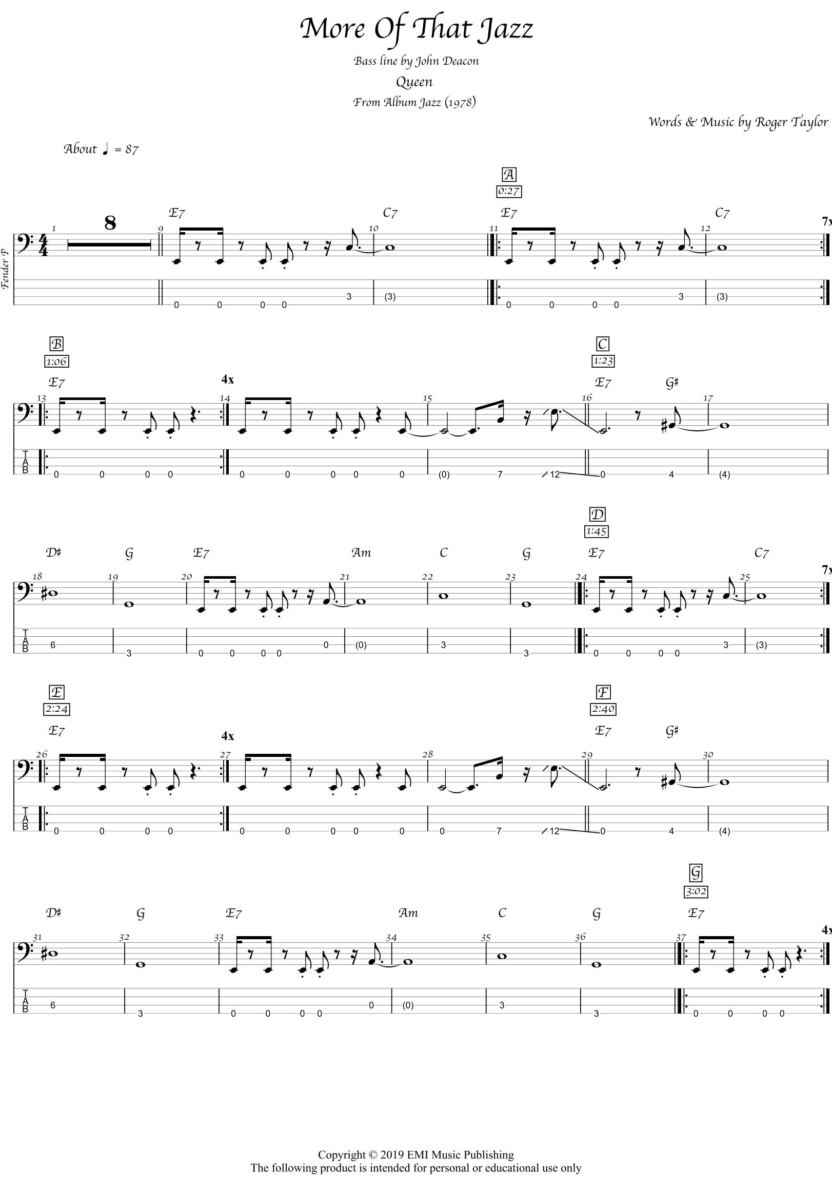 More Of That Jazz Sheet Music Queen Bass Guitar Tab More Of That Jazz Sheet Music Queen Bass Guitar Tab