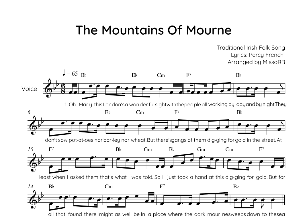 The Mountains of Mourne - Voice Lead Sheet in Bb With Chords & Lyrics ...