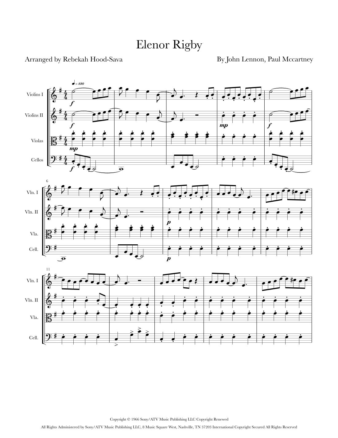 Eleanor Rigby (arr. Rebekah Hood-Sava) by The Beatles Sheet Music for ...