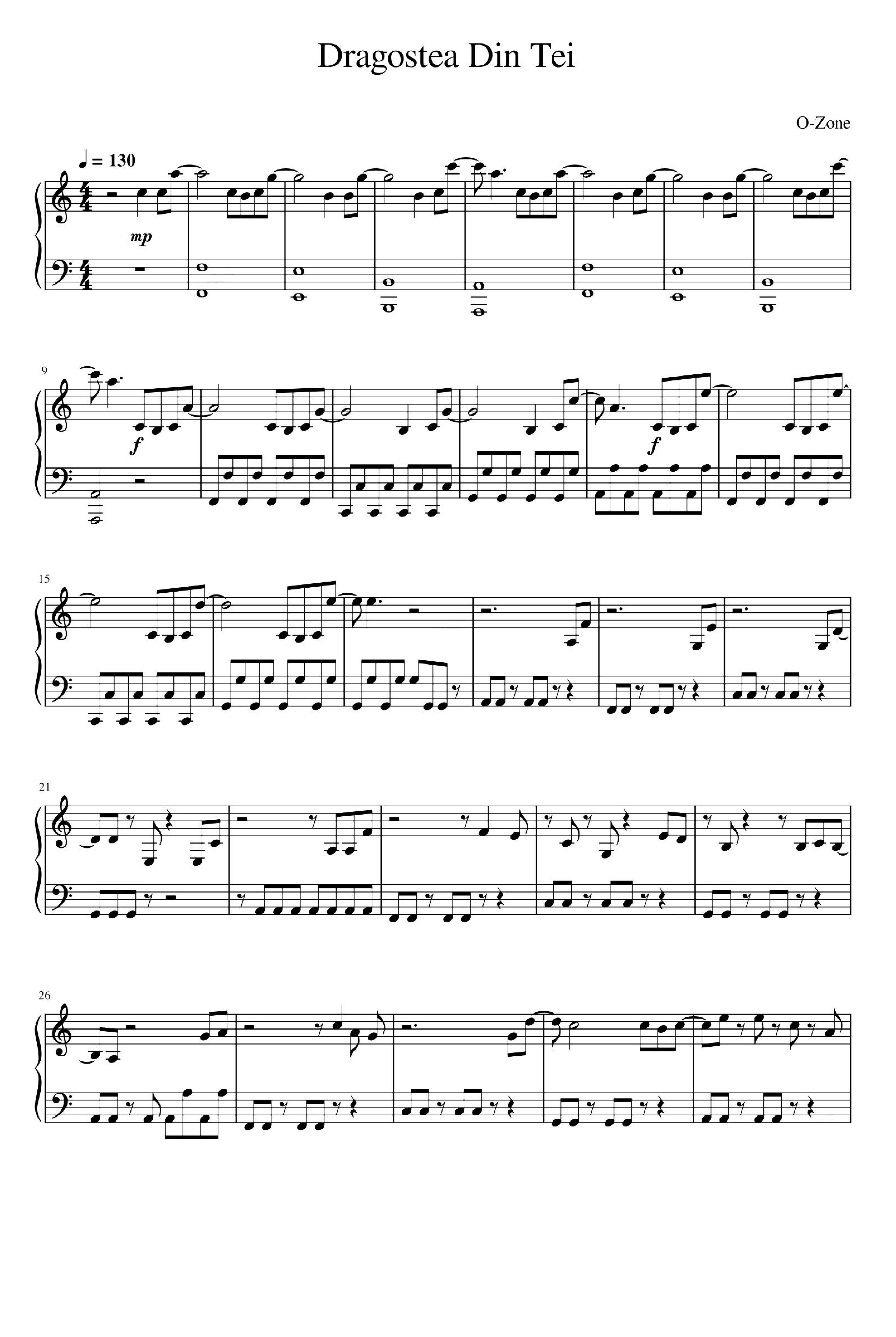 Dragostea Din Tei (arr. O-Zone) by Dan Balan Sheet Music for Piano Solo ...