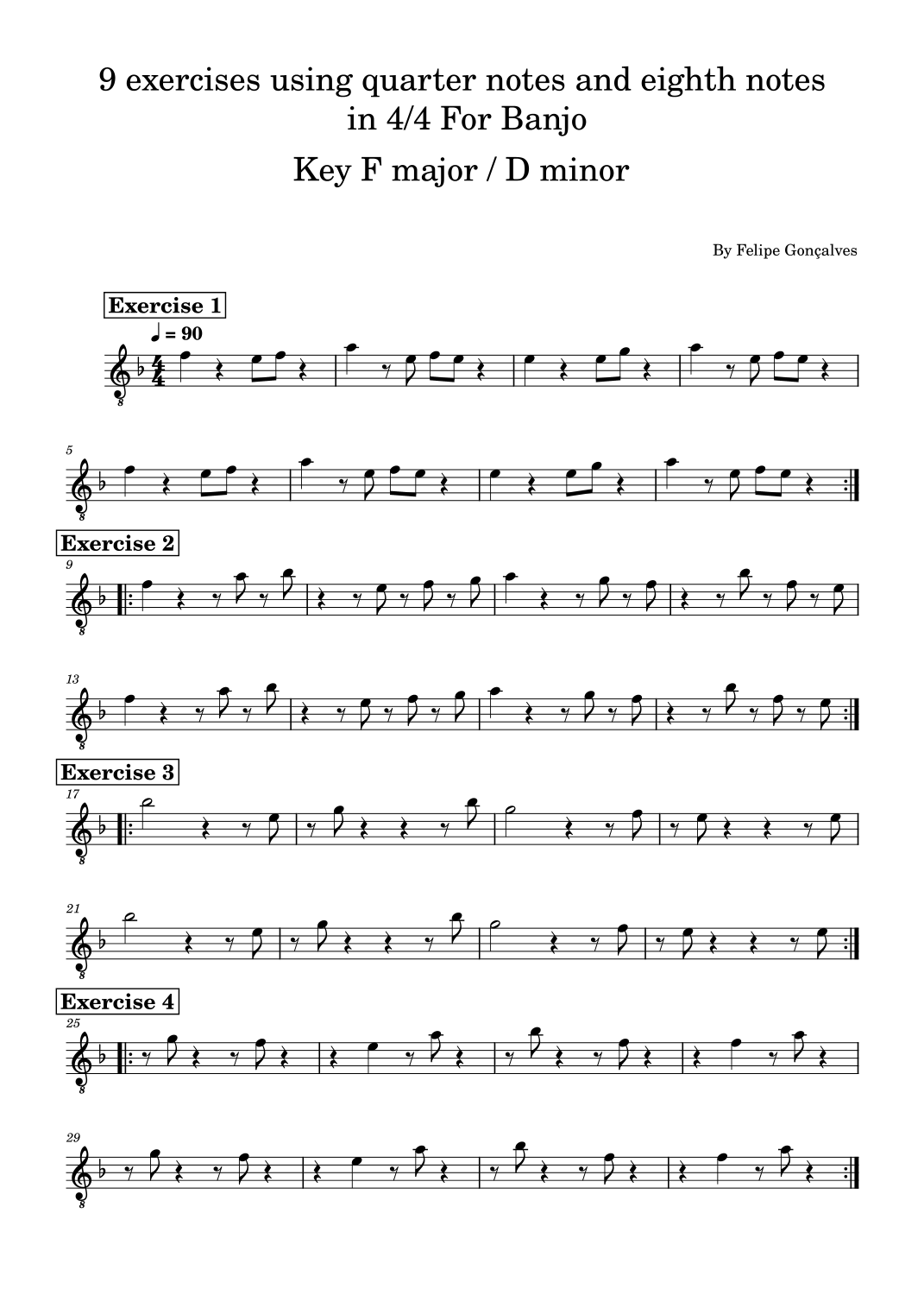 9 exercises using quarter notes and eighth notes in 4/4 For Banjo by ...
