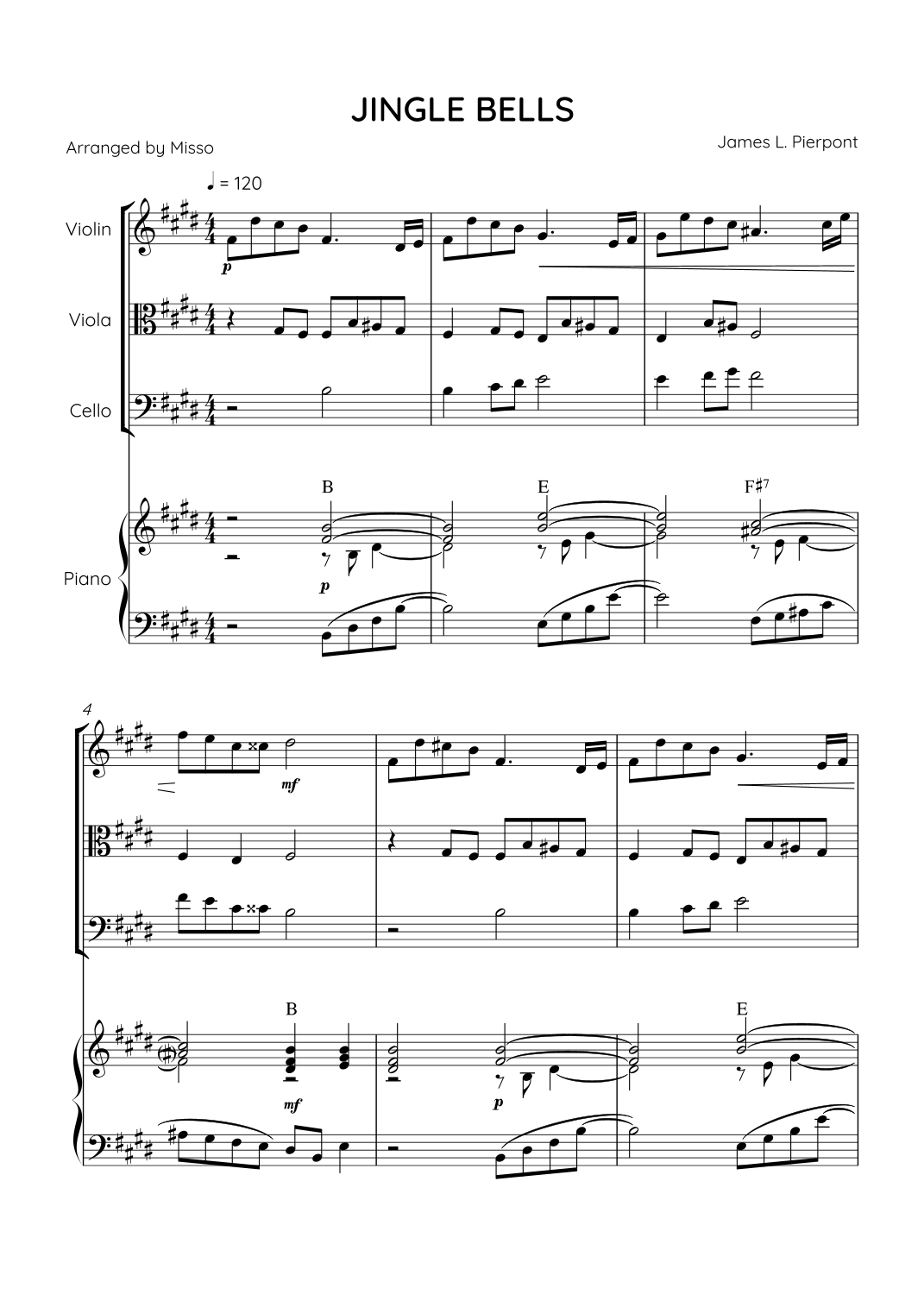 Jingle Bells - Strings Trio in E Major - Intermediate With Chords (arr. MissoRB) by James L ...