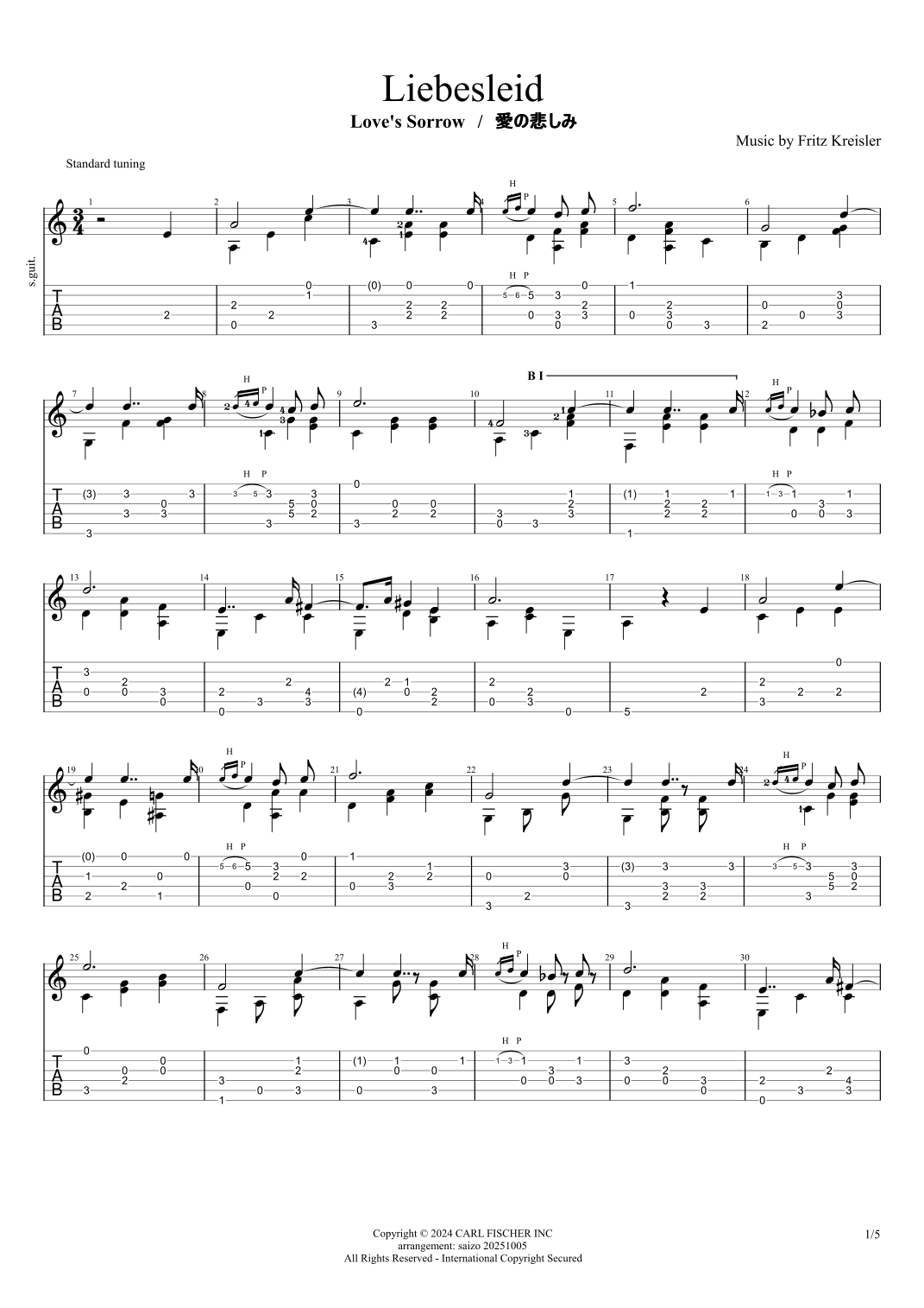 Liebesleid (arr. saizo) by Fritz Kreisler Sheet Music for Solo Guitar ...