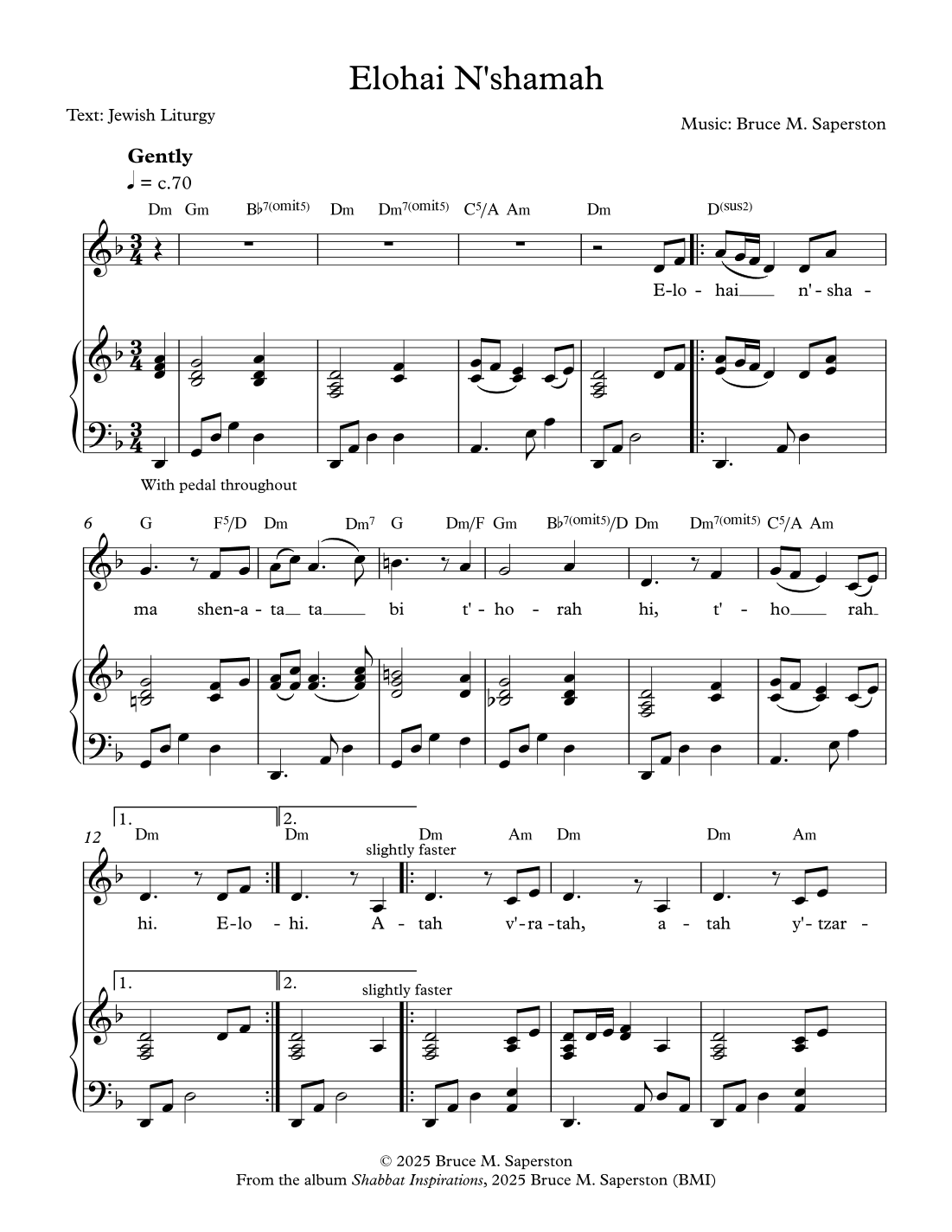 Elohai N'shamah by Bruce M. Saperston Sheet Music for Piano, Vocal ...