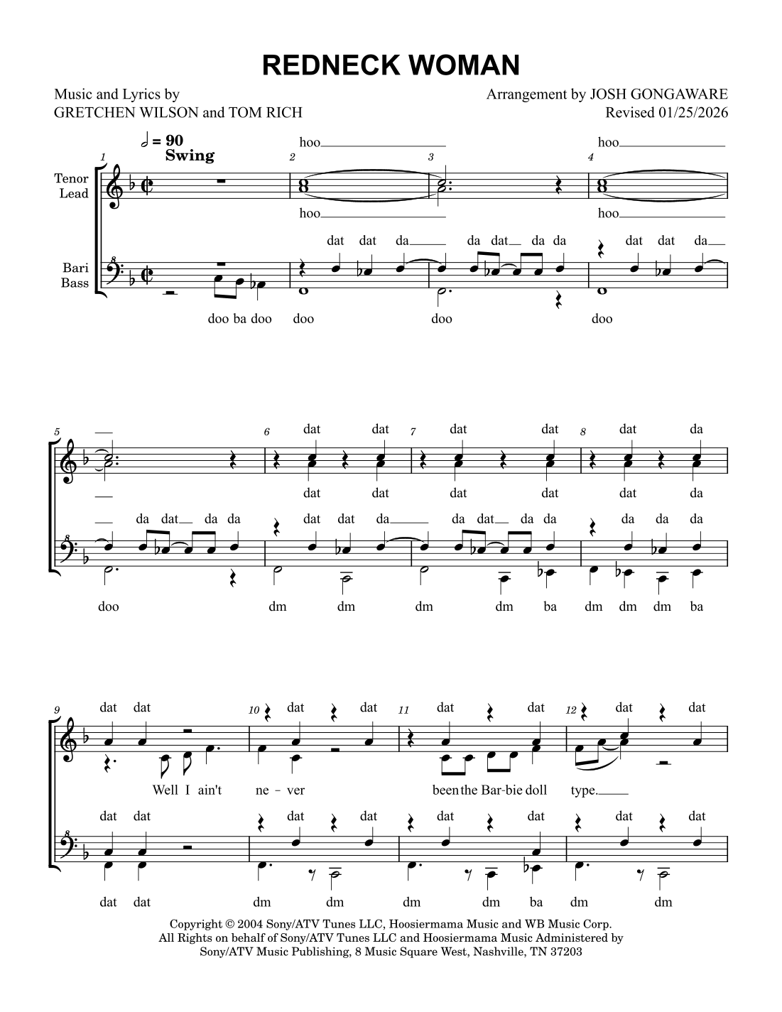 Redneck Woman (arr. Josh Gongaware) par Gretchen Wilson Partitions pour ...