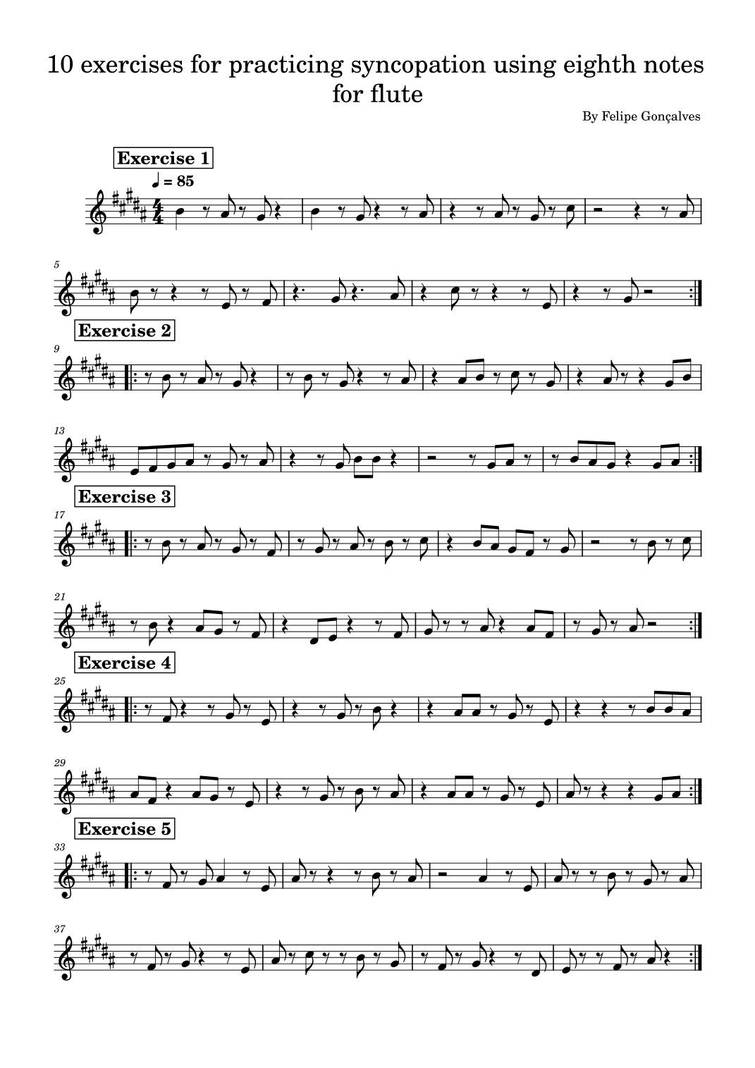 10 exercises for syncopation using eighth notes for flute in B major ...