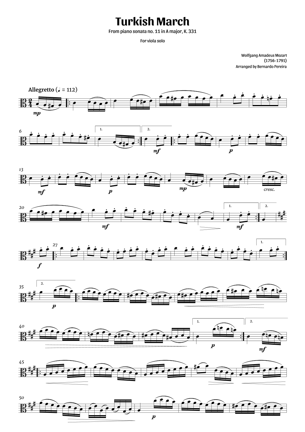 Turkish March (viola solo) (arr. Bernardo Pereira) by Wolfgang Amadeus ...